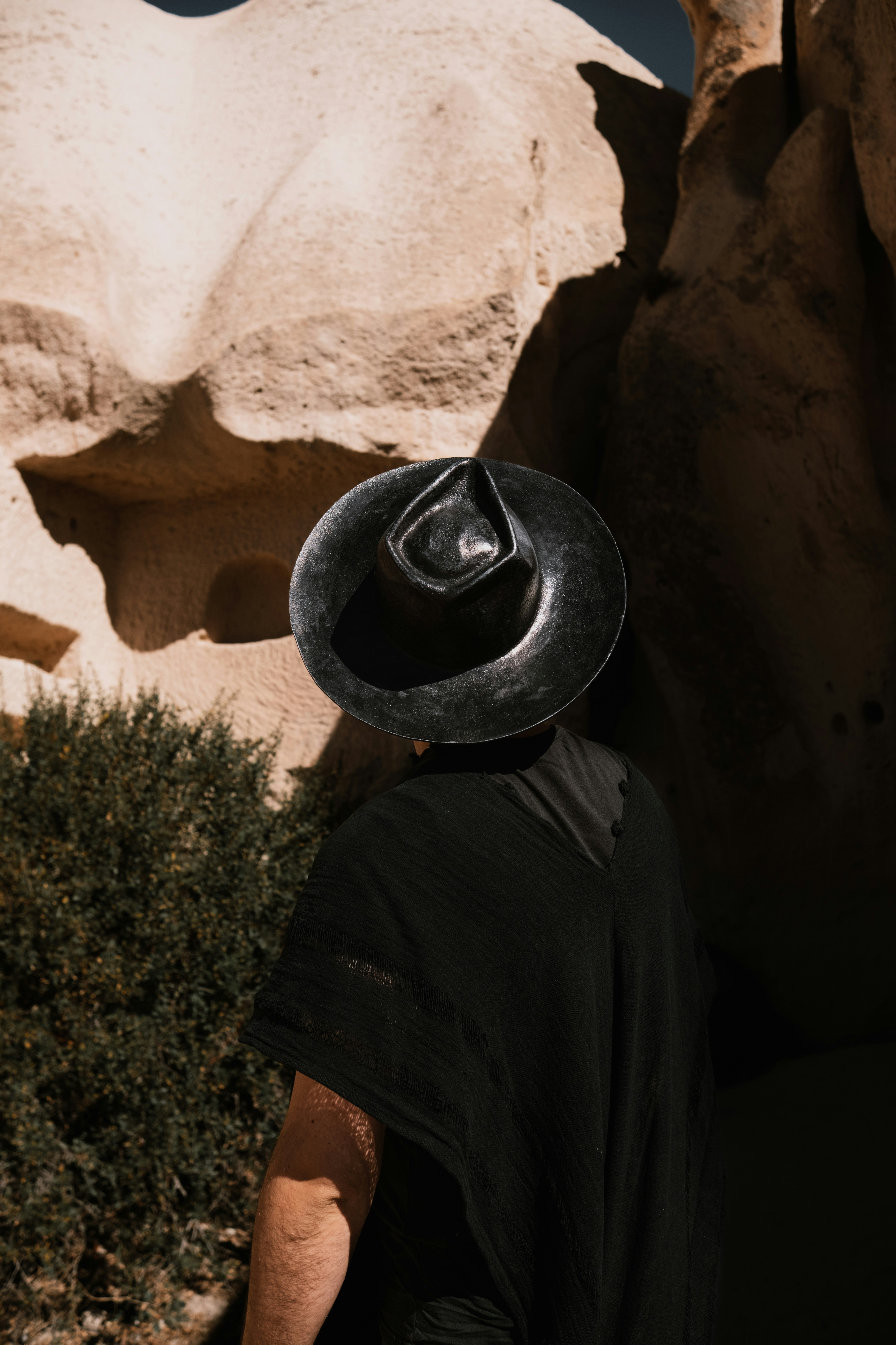 Wide-brimmed silhouette at the edge of a sculpted desert canyon