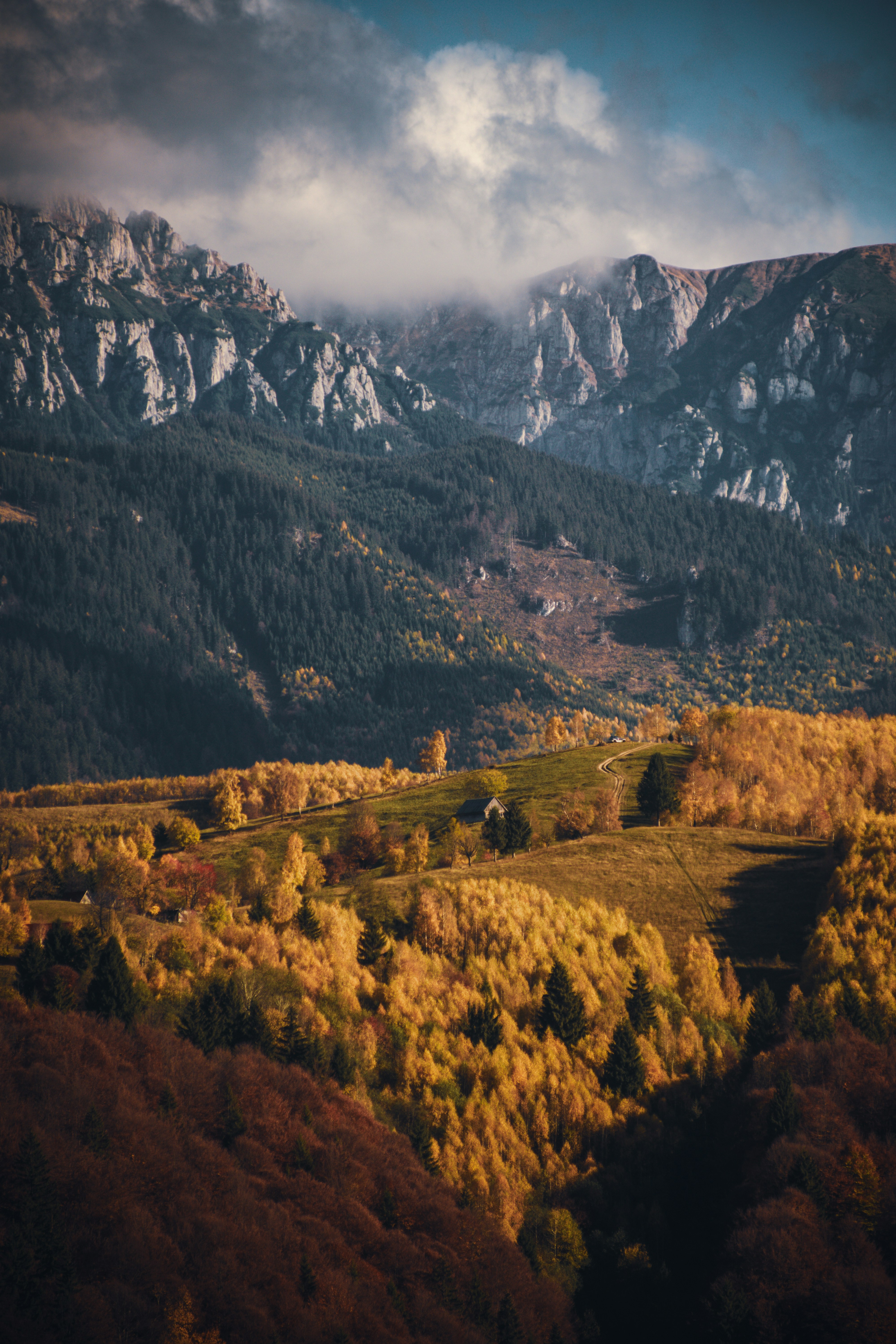 Vibrant autumn foliage blankets a mountain valley, with peaks shrouded in clouds, showcasing nature's seasonal transformation.
