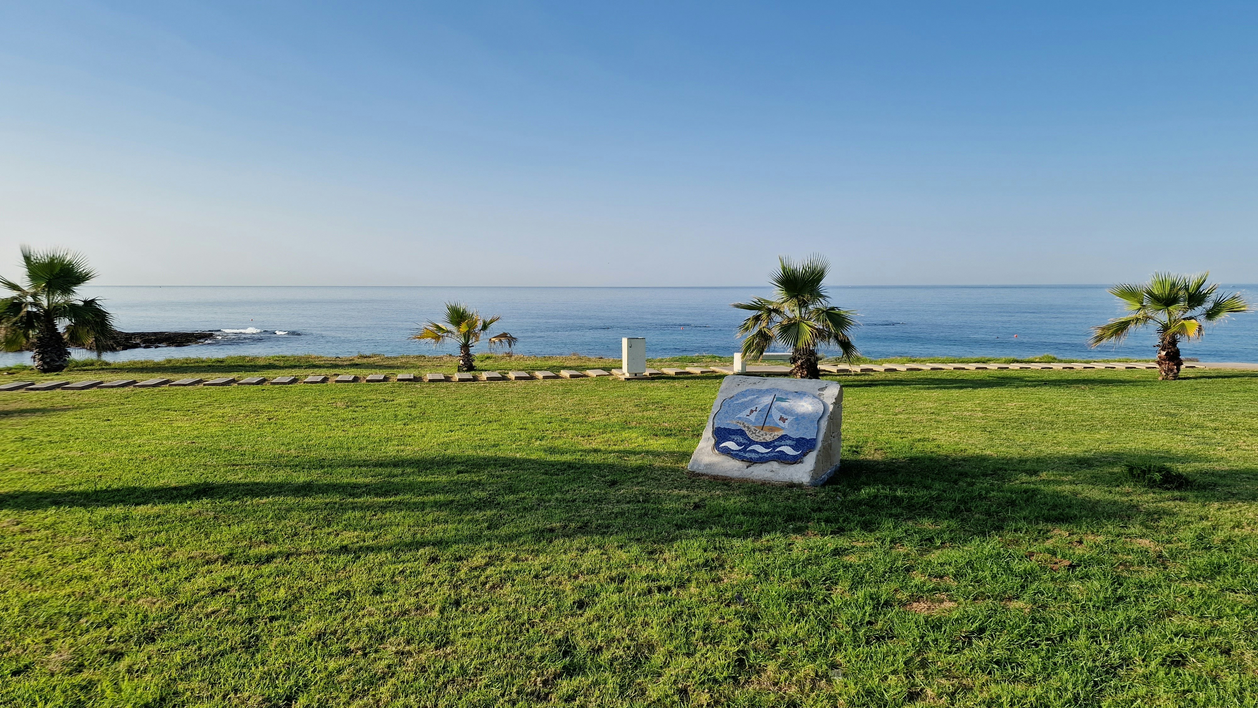 Blue Wave Sculpture on a Palm-Lined Seaside Lawn