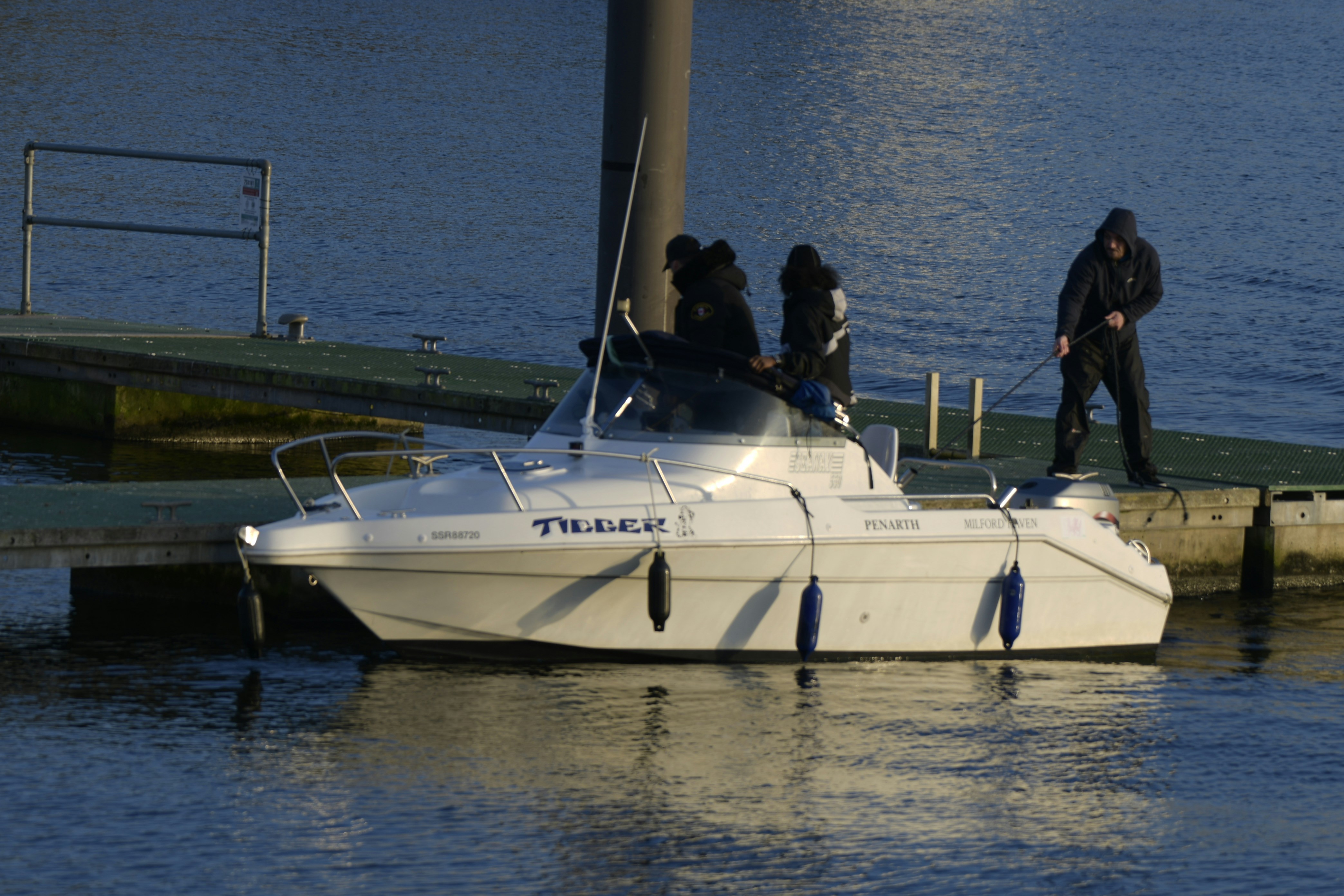 Tiger's Wake: A Sunlit Speedboat at Quiet Marina