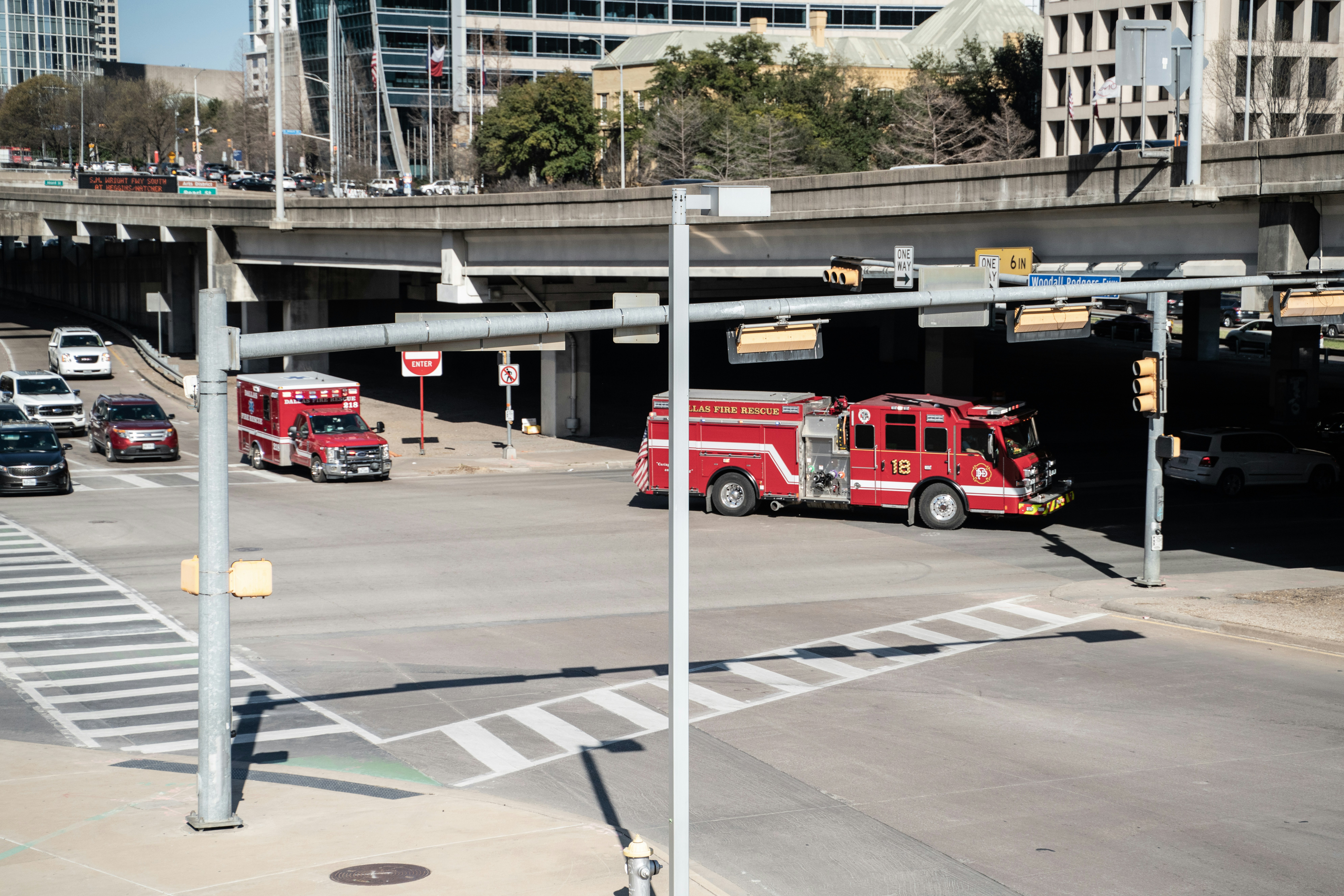 Red Engines Under the City Overpass: A Street-Level Fire Response Scene
