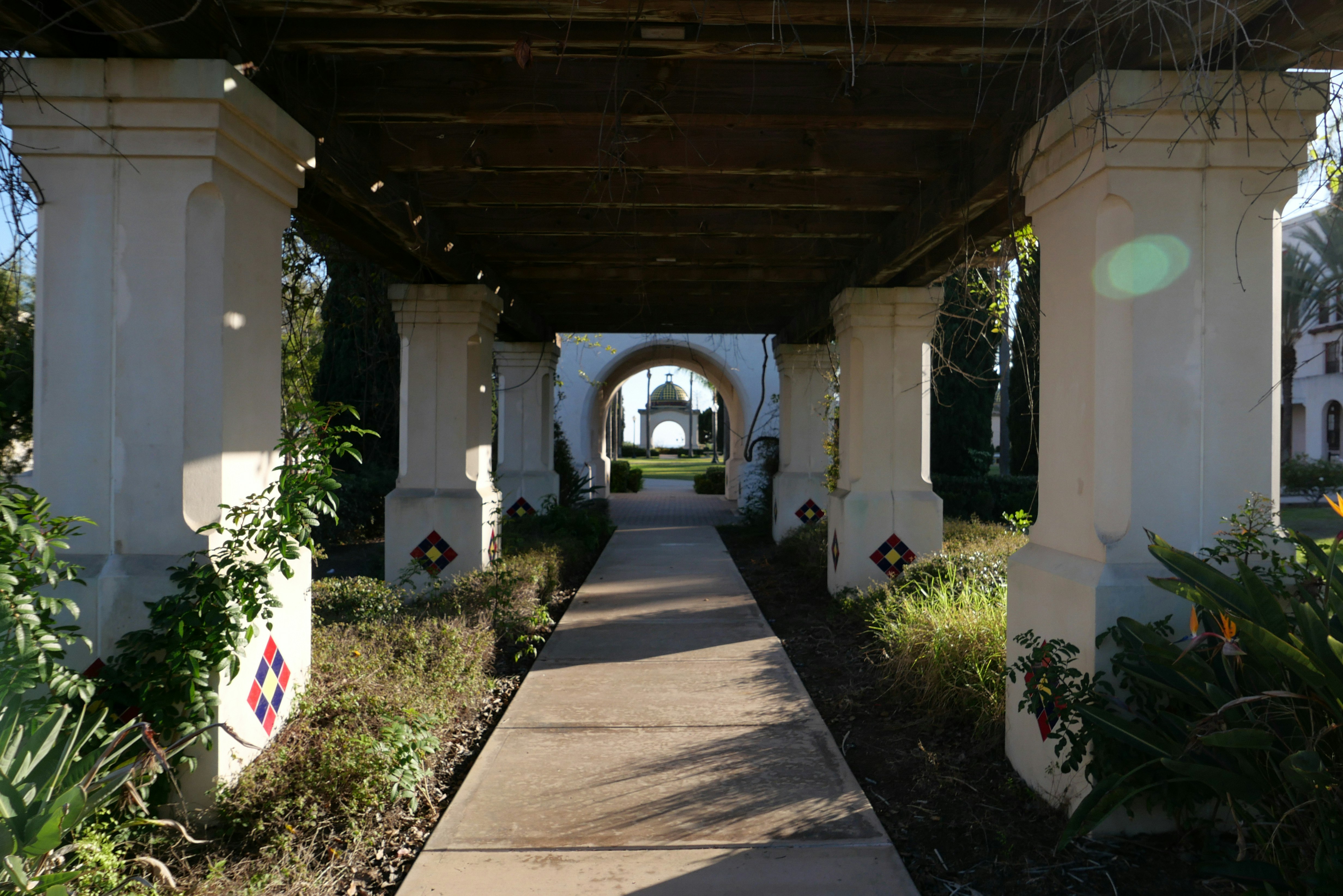 a walkway with white pillars and plants