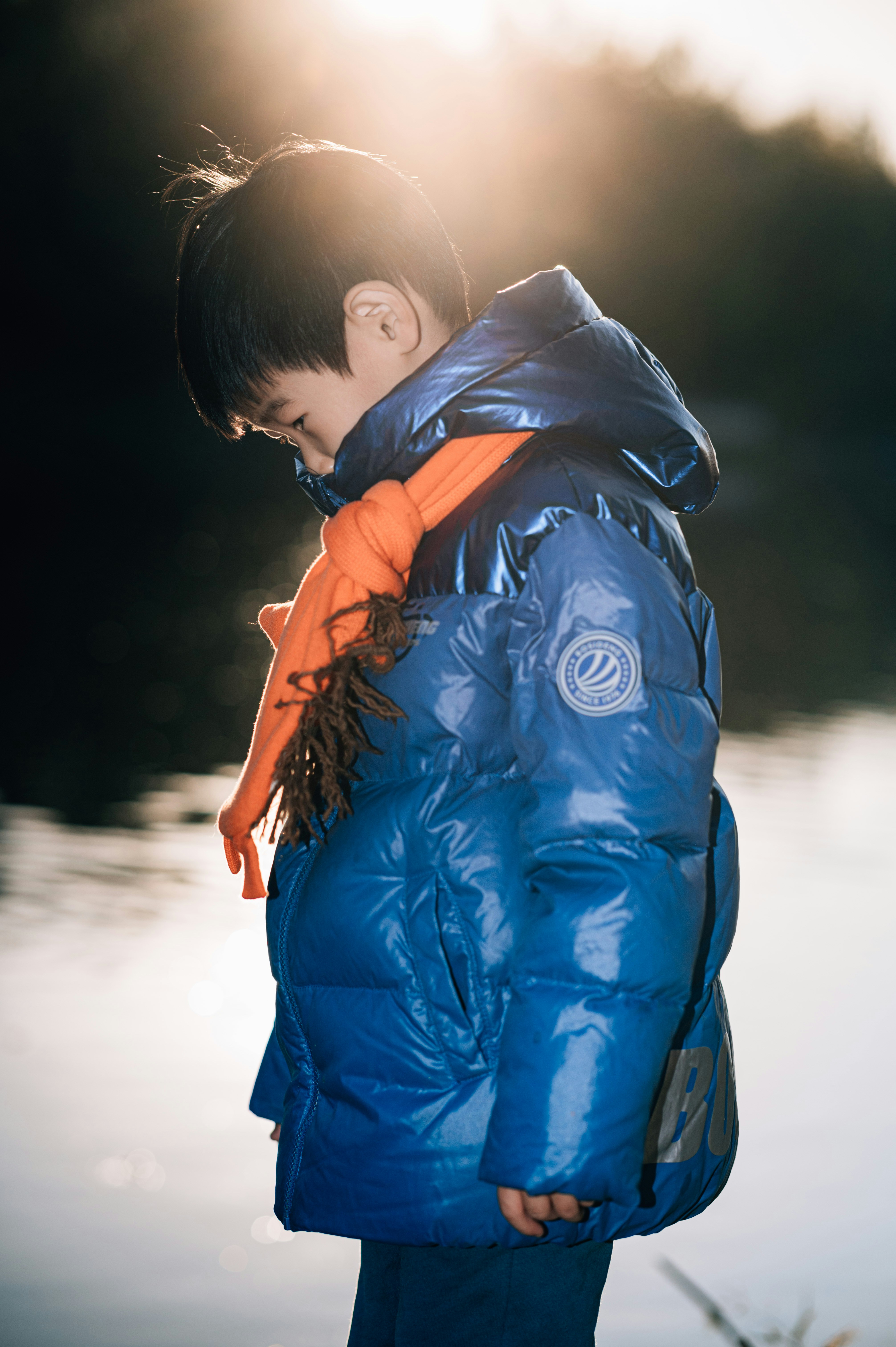 Whispers of Winter Light: A Boy in a Bright Blue Jacket by the Lake