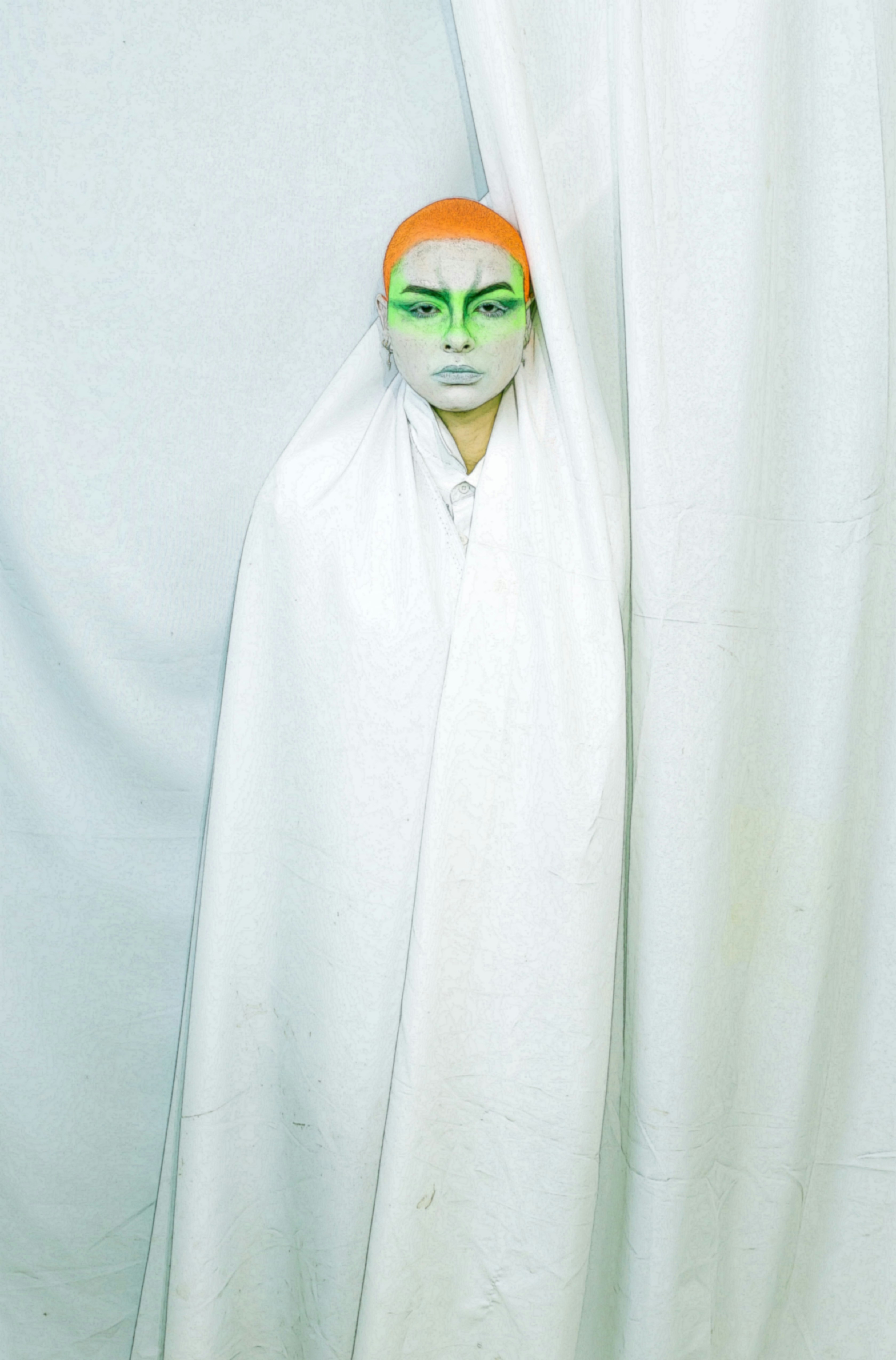 Neon Gaze Through White Drapes: An Orange-Haired Veiled Portrait