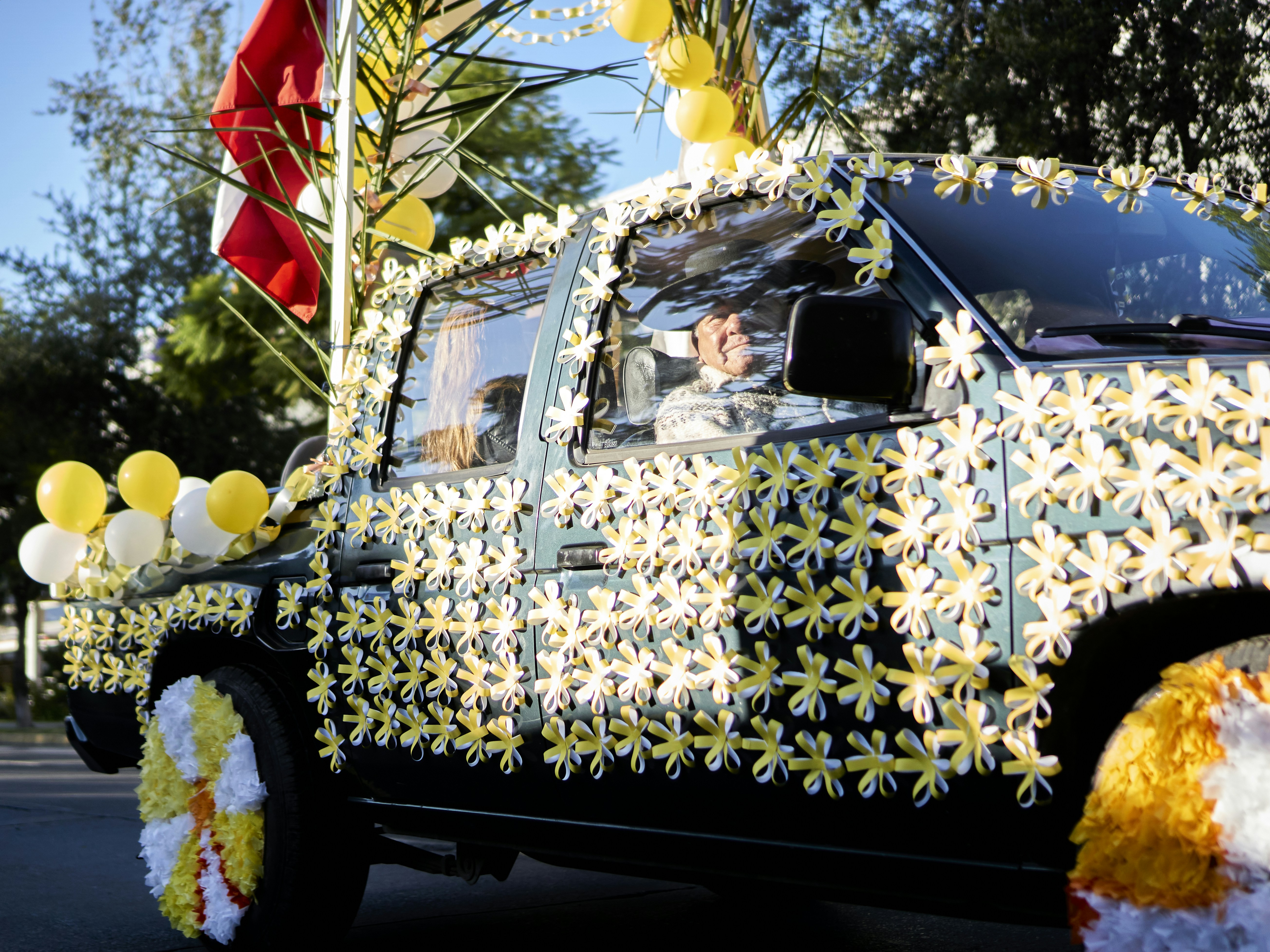 Petal Parade SUV: A Flower-Decorated Car in Sunlit Motion