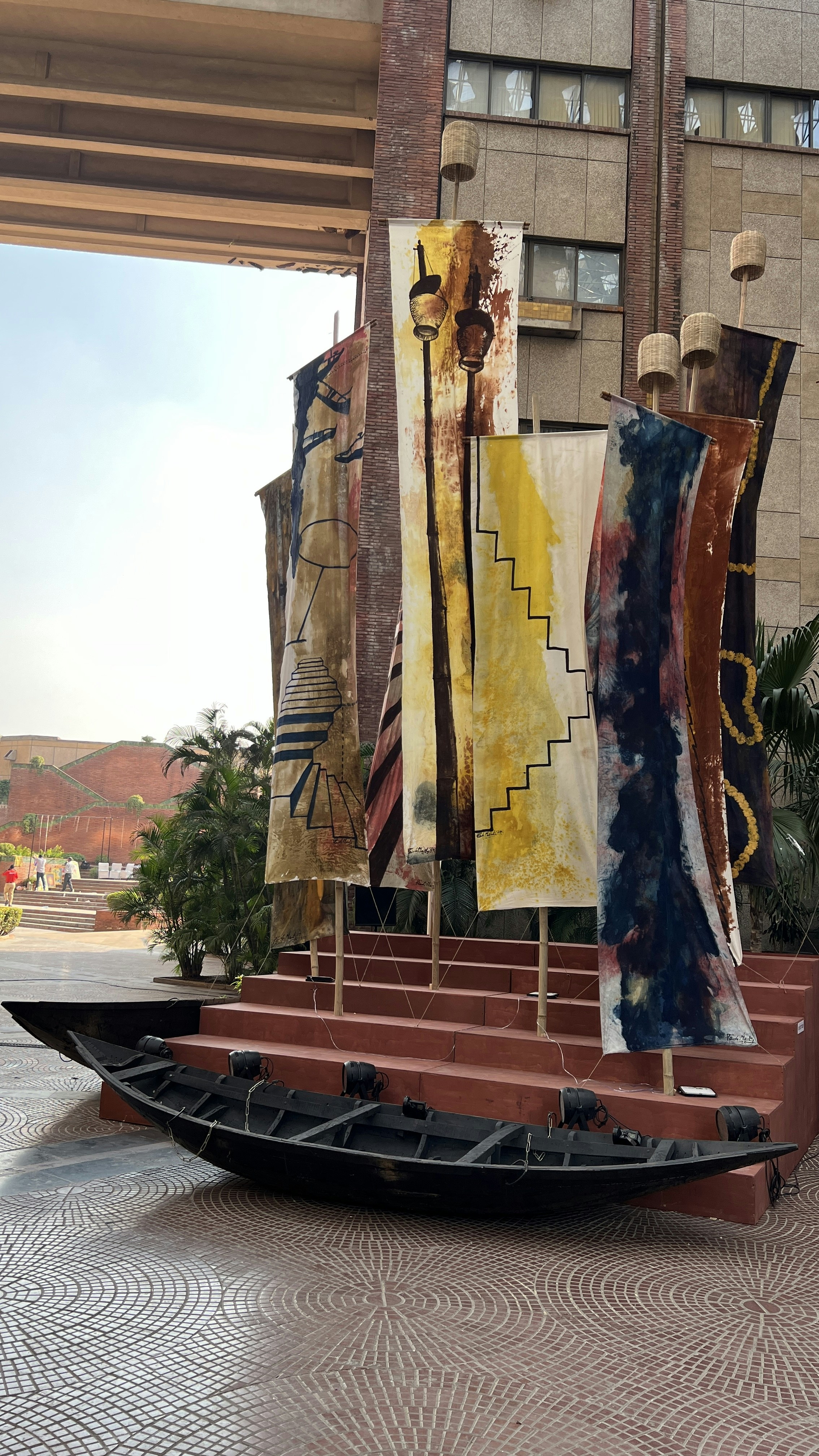 Color-Field Flags on a Staircase Stage with a Bow-Front Boat