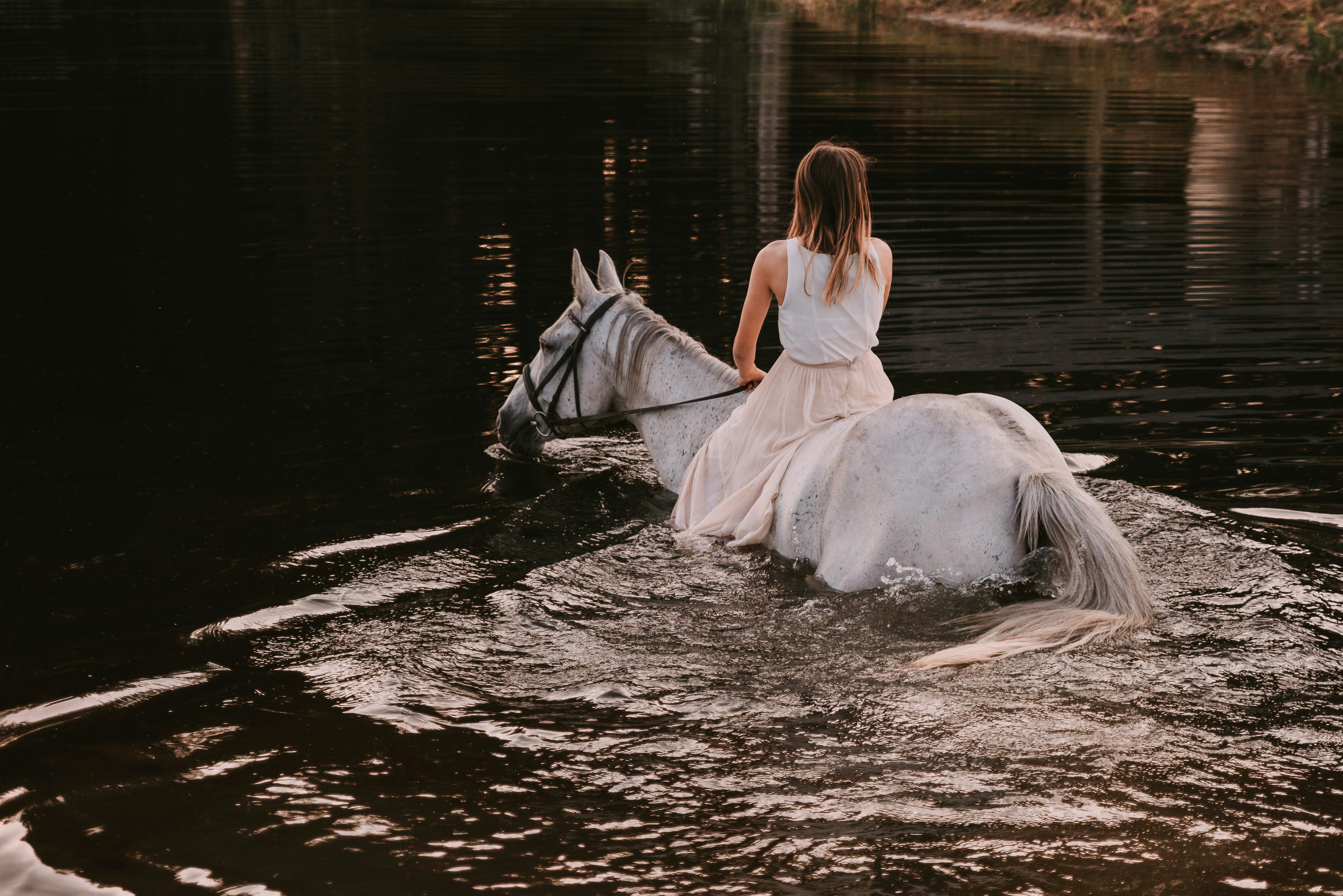 Evening Reverie: A Woman in White Guides a White Horse Across Quiet Waters