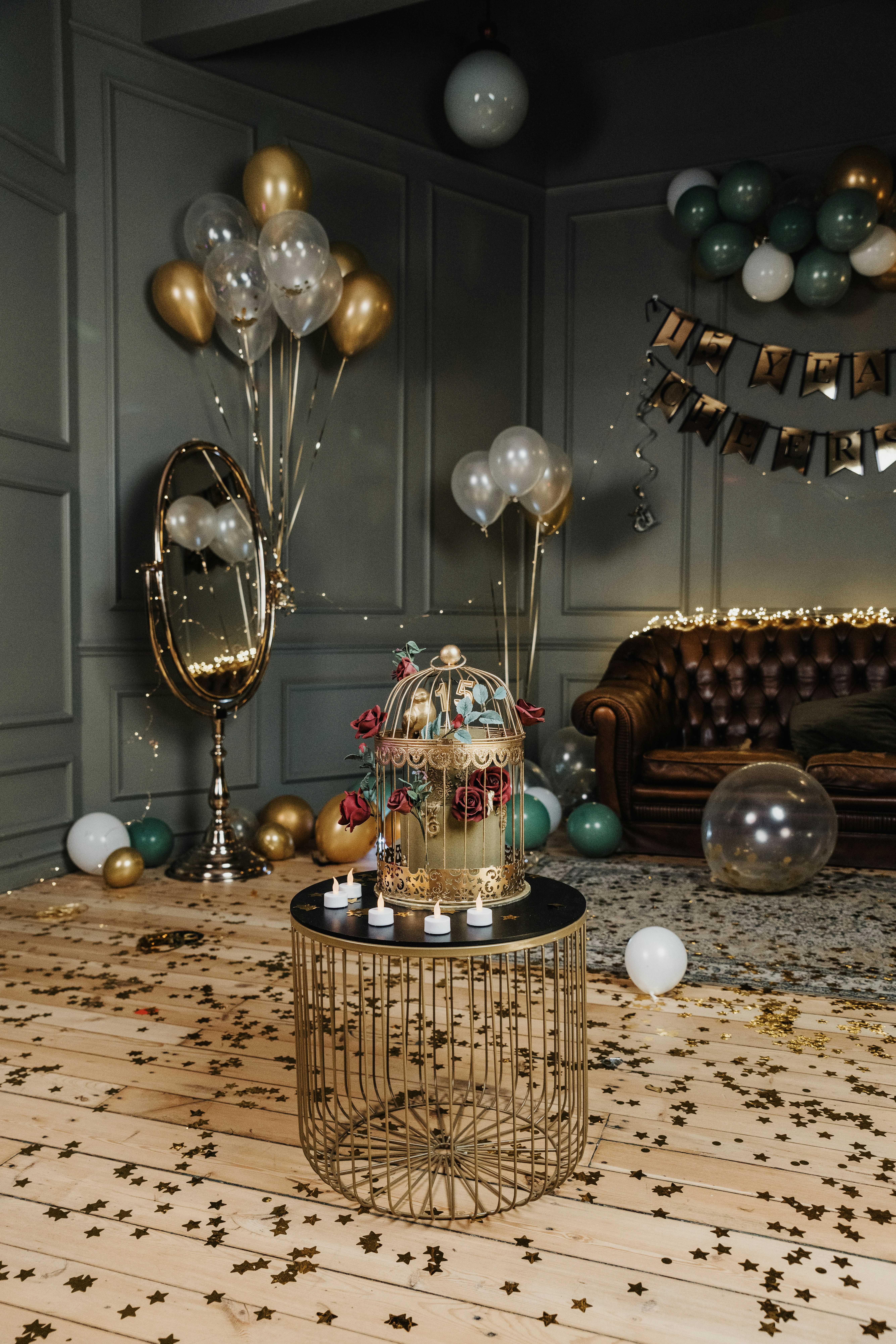 Ornate Birdcage Celebration in a Velvet-Charmed Room