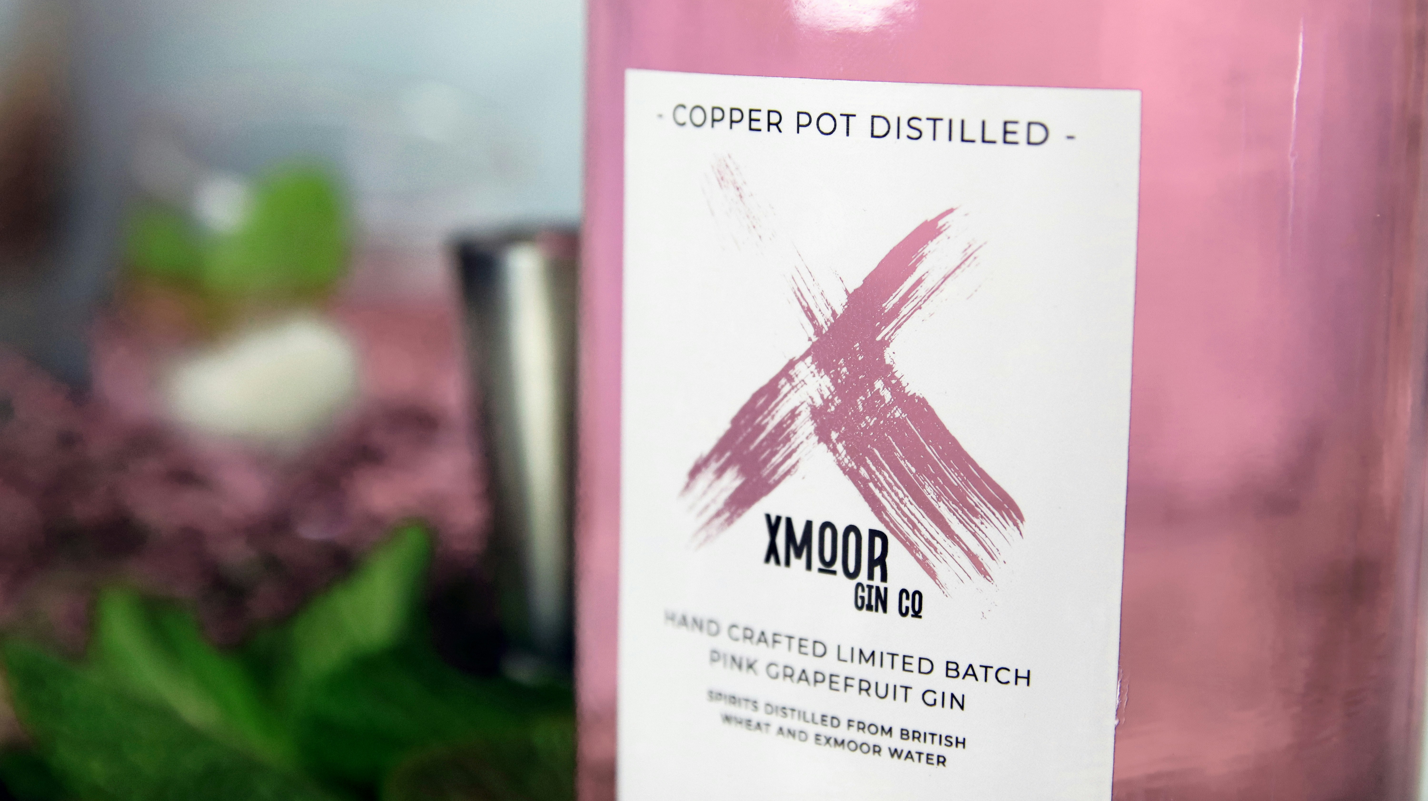 XO Mor Pink Grapefruit Gin Label in a Blooming Bar Scene