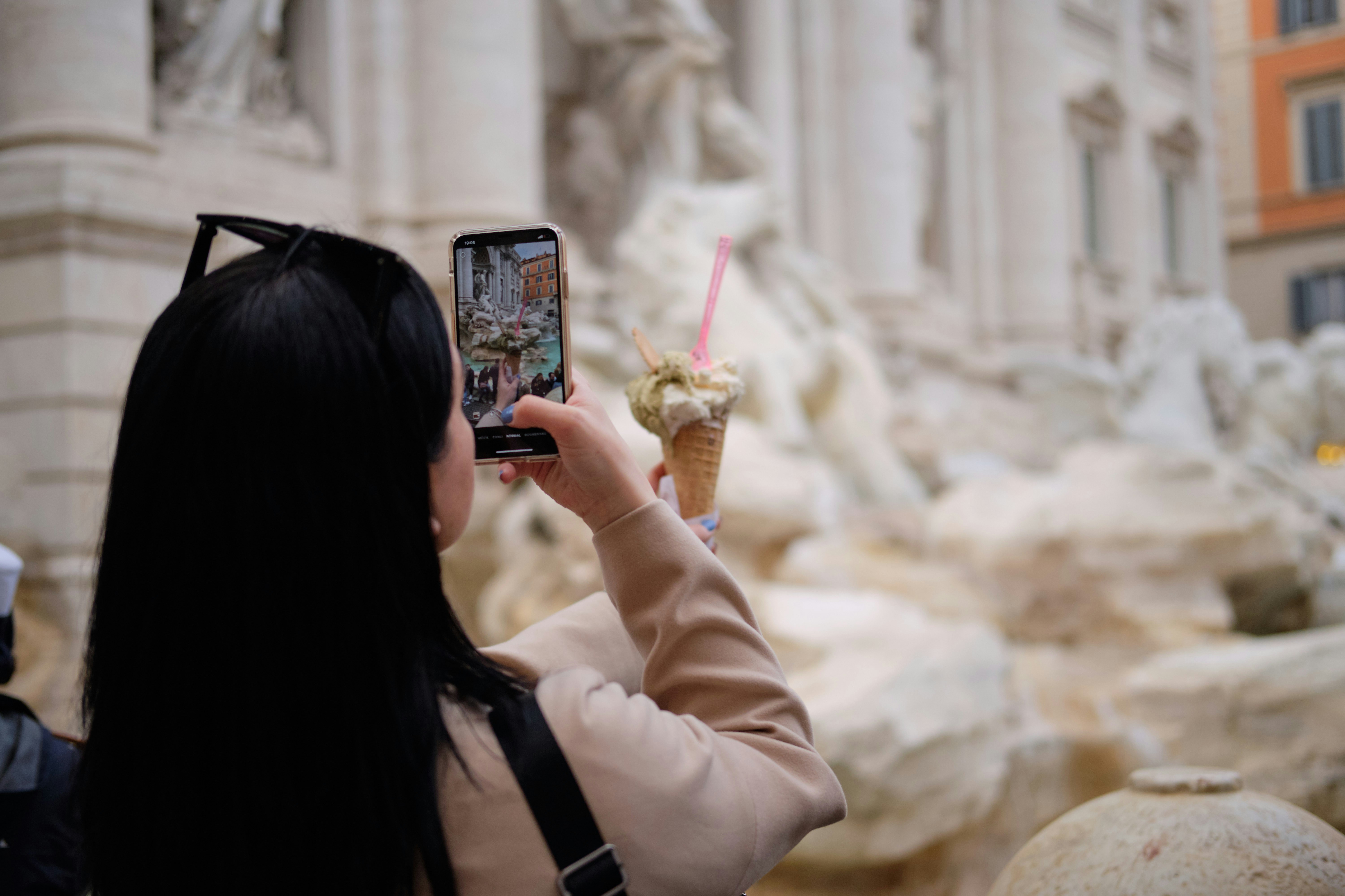 Selfie at a Fountain: Latte Swirl and City Stone