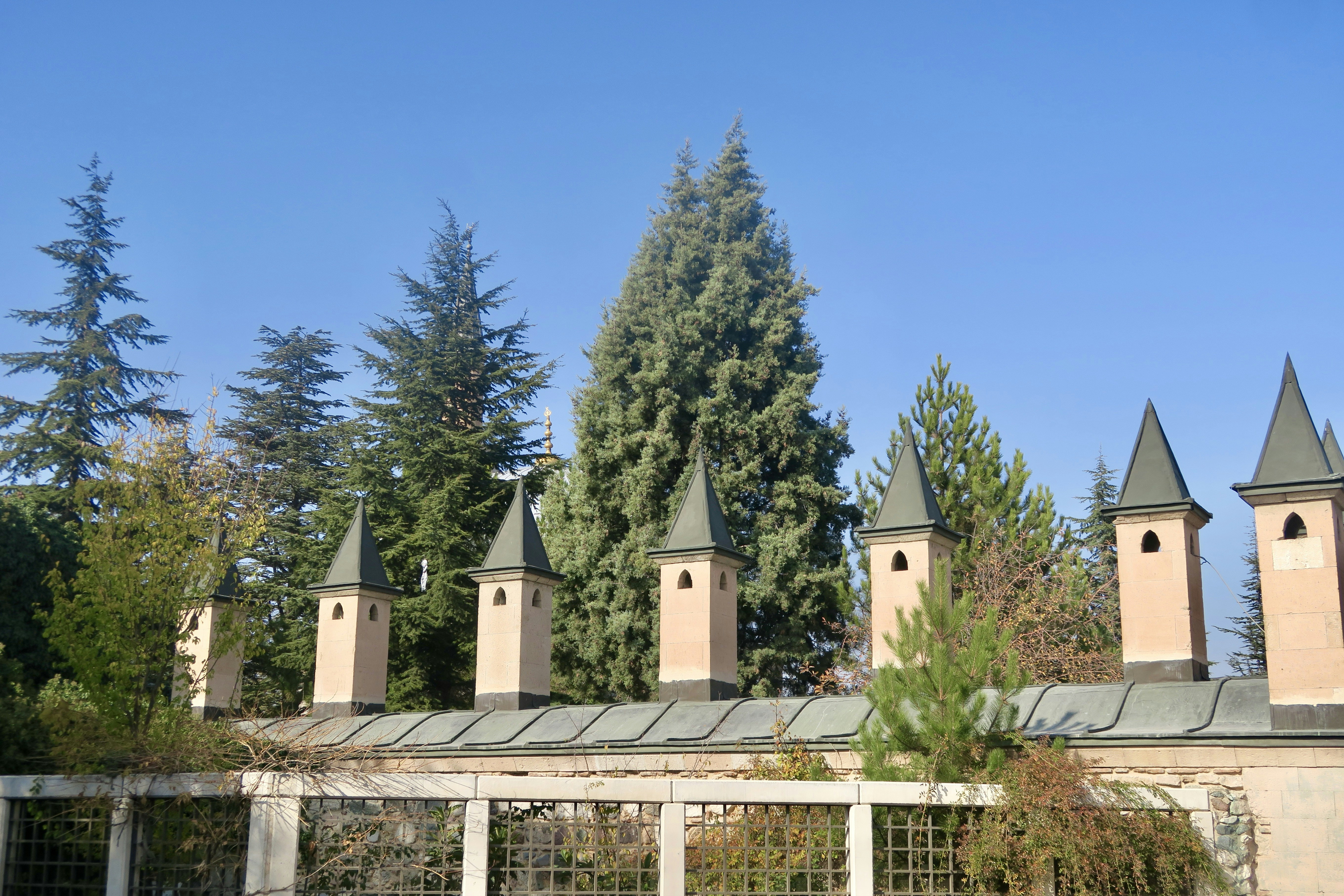 A row of pointed towers rises above a lush green backdrop, framed by tall trees under a clear blue sky.