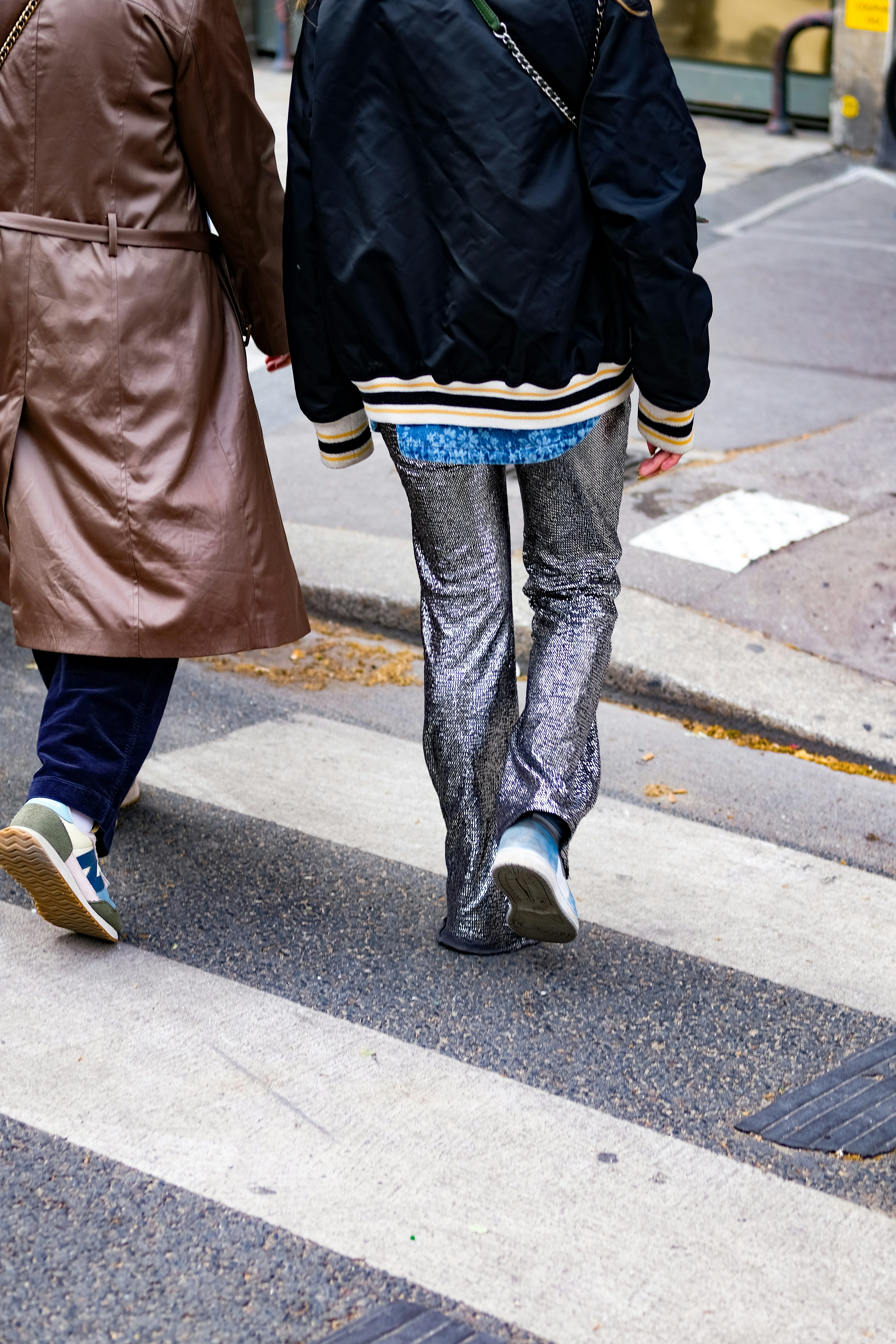 Stride in Silver: Reflective Couture Along a City Crossing