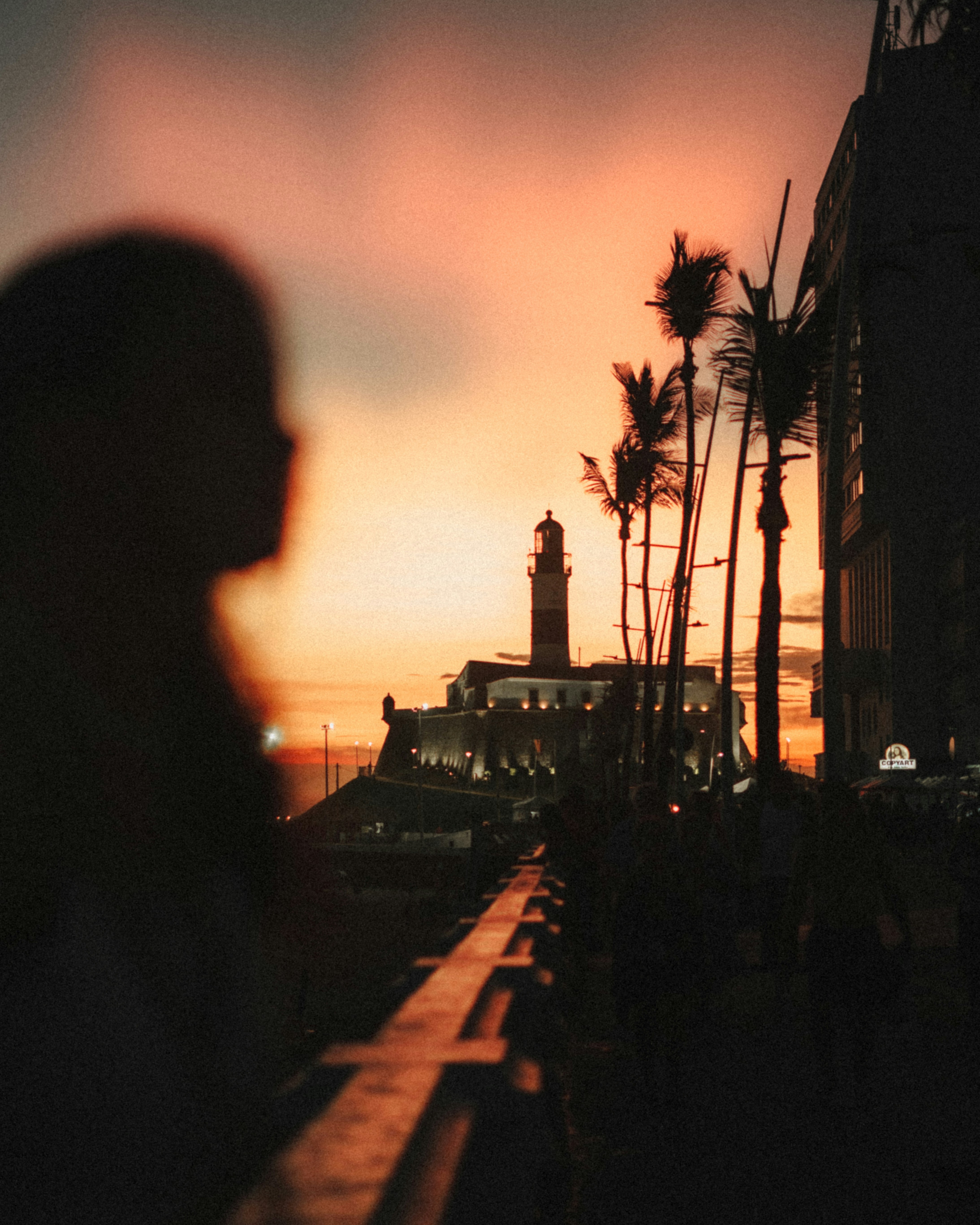 Glow by the Lighthouse: Palm-Tree Promenade at Dusk