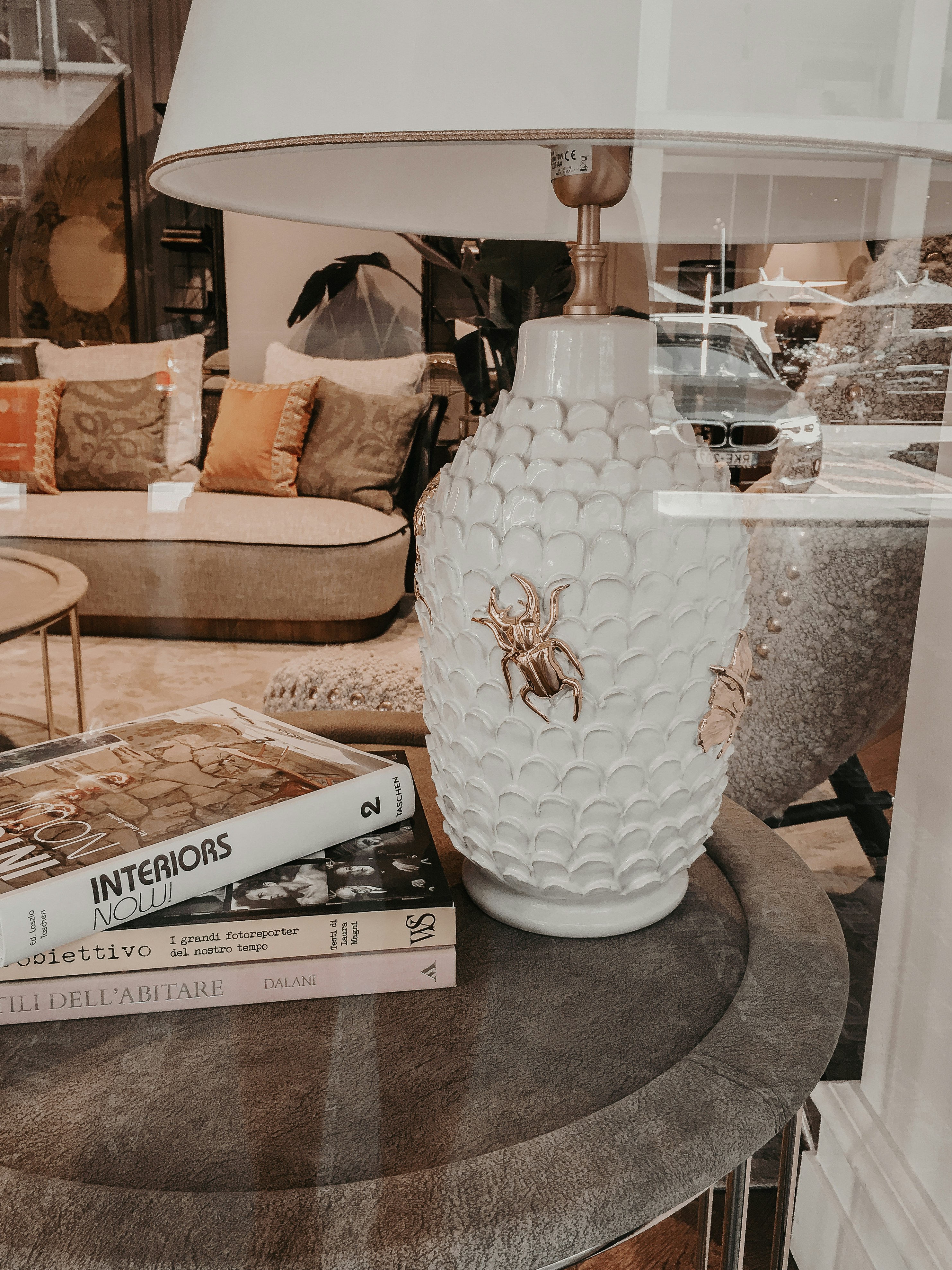 a vase with a sign in front of it