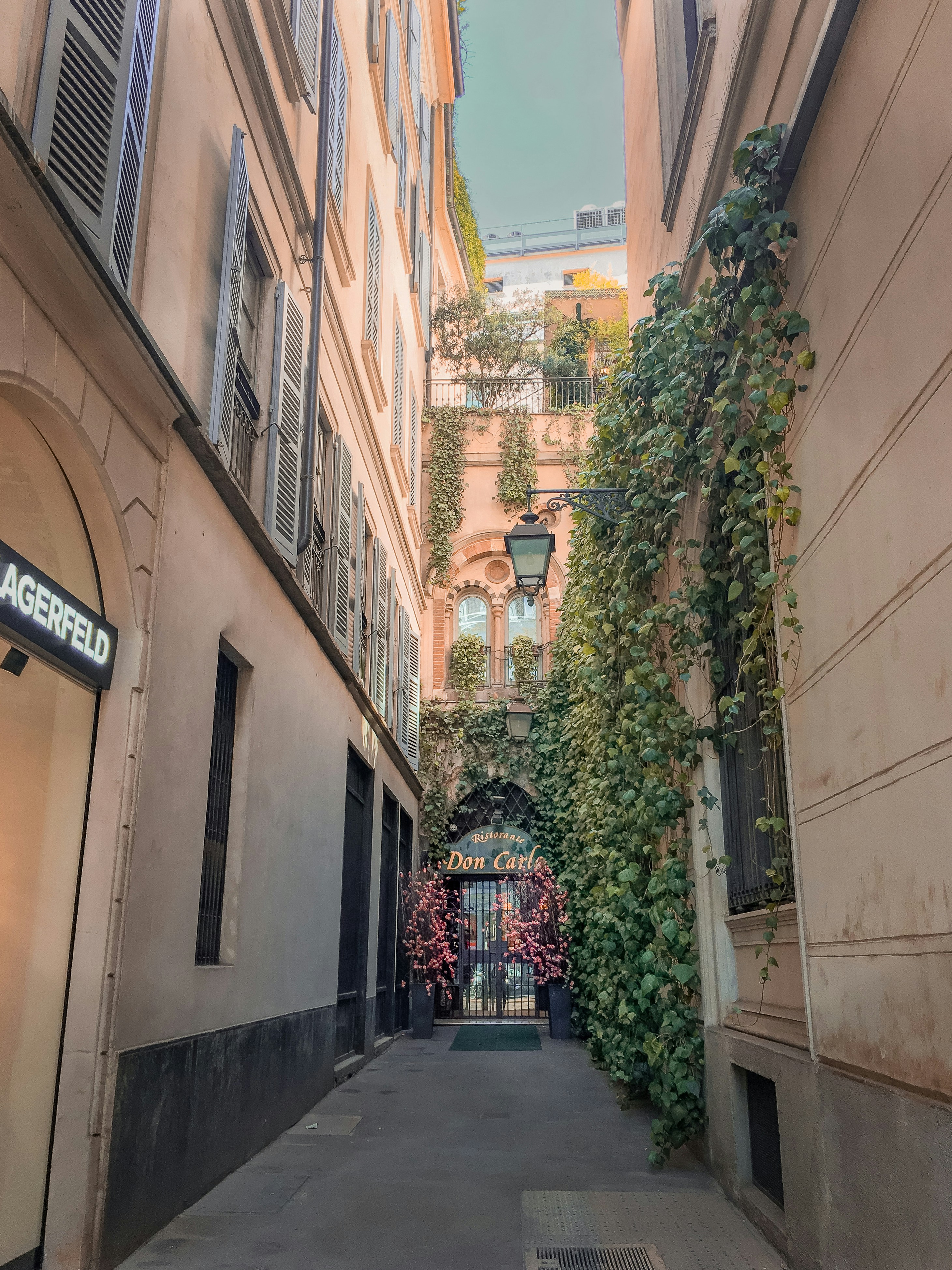 Ivy-Lined Alleyway Framing a Lantern-Guarded Gate