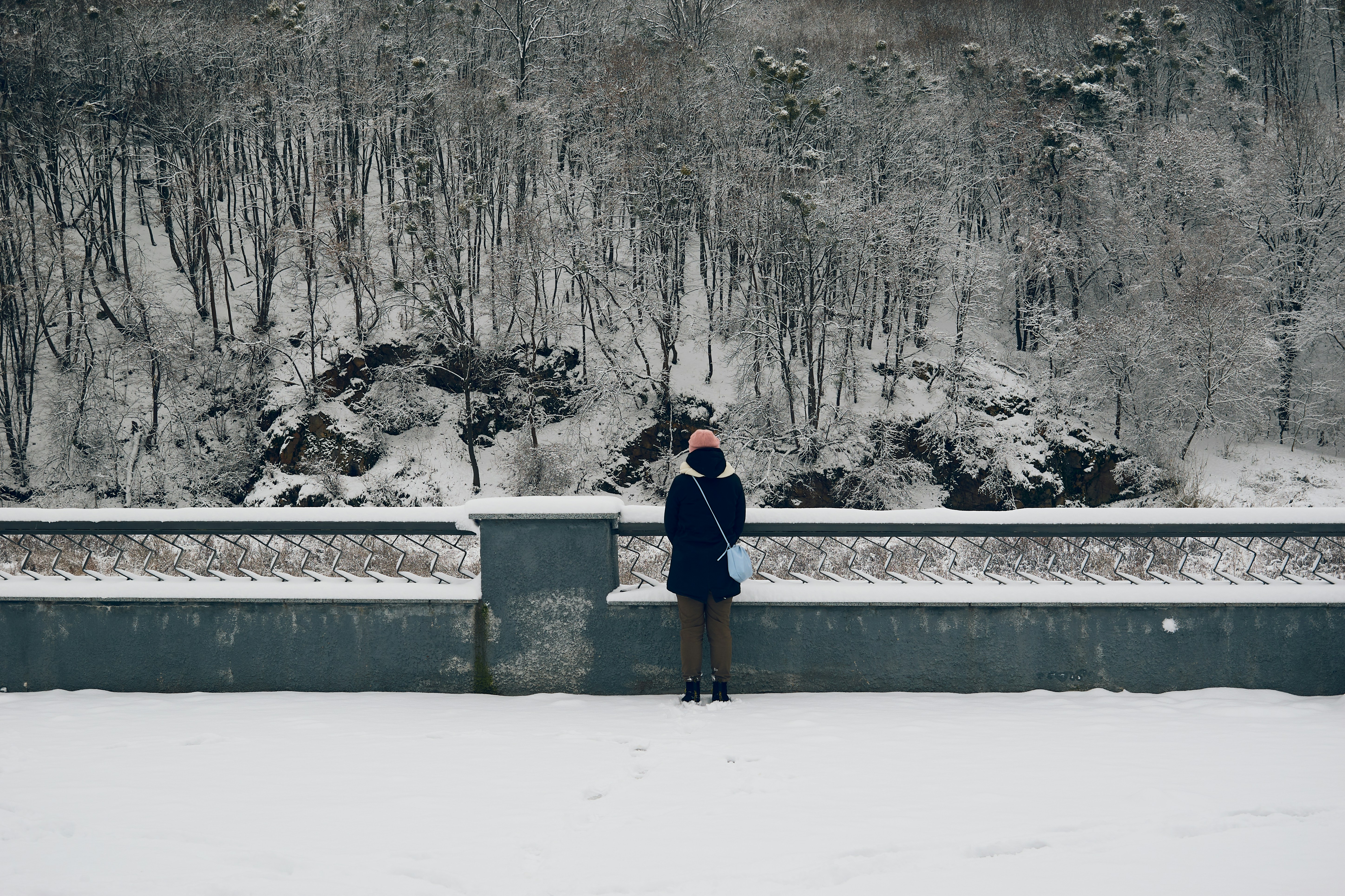 Lone Figure on a Snowbound Bridge, Framed by Winter Silence