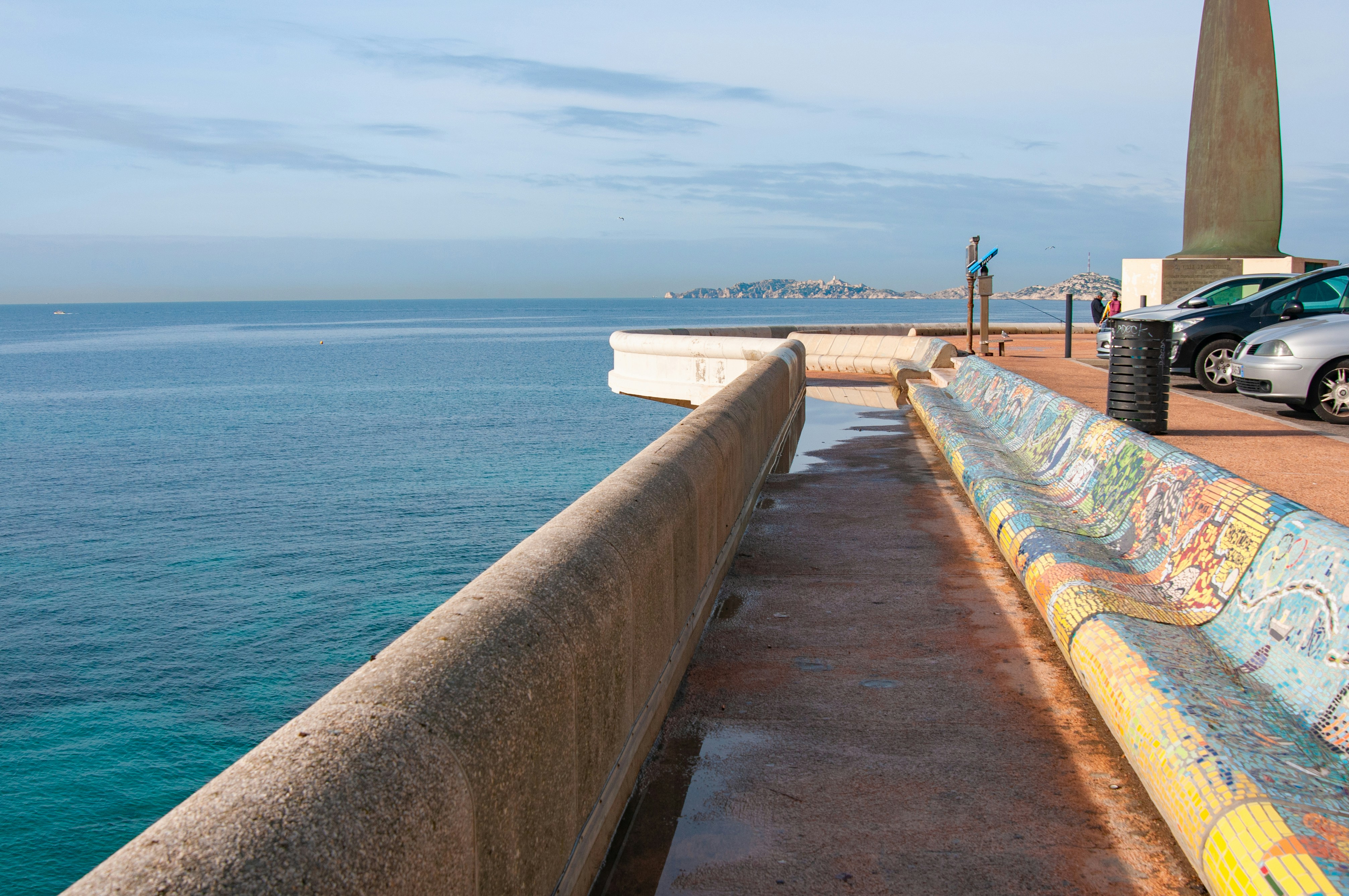 Mosaic Bench Guides the Sea Horizon