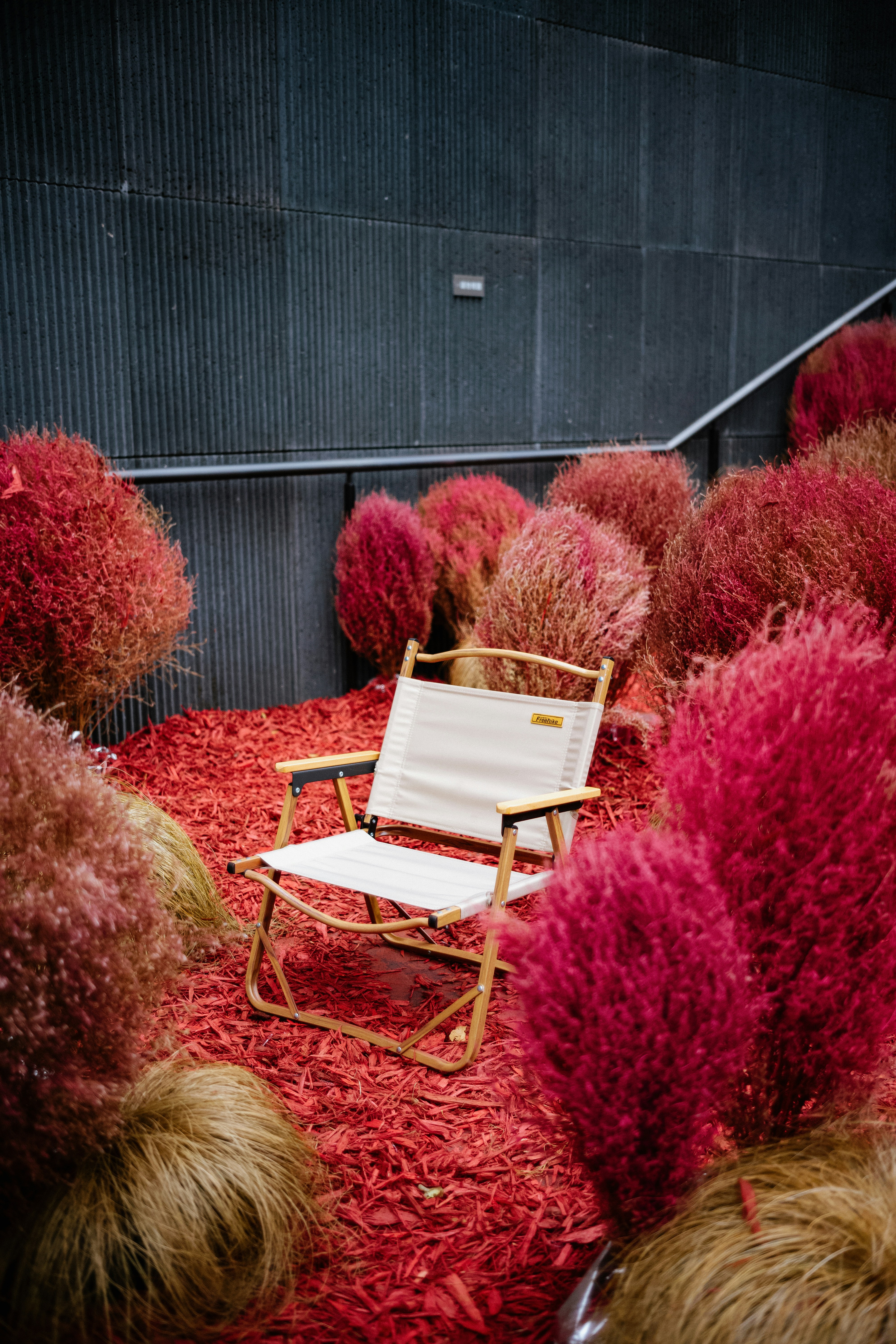 White director’s chair framed by crimson shrubbery in an urban red garden