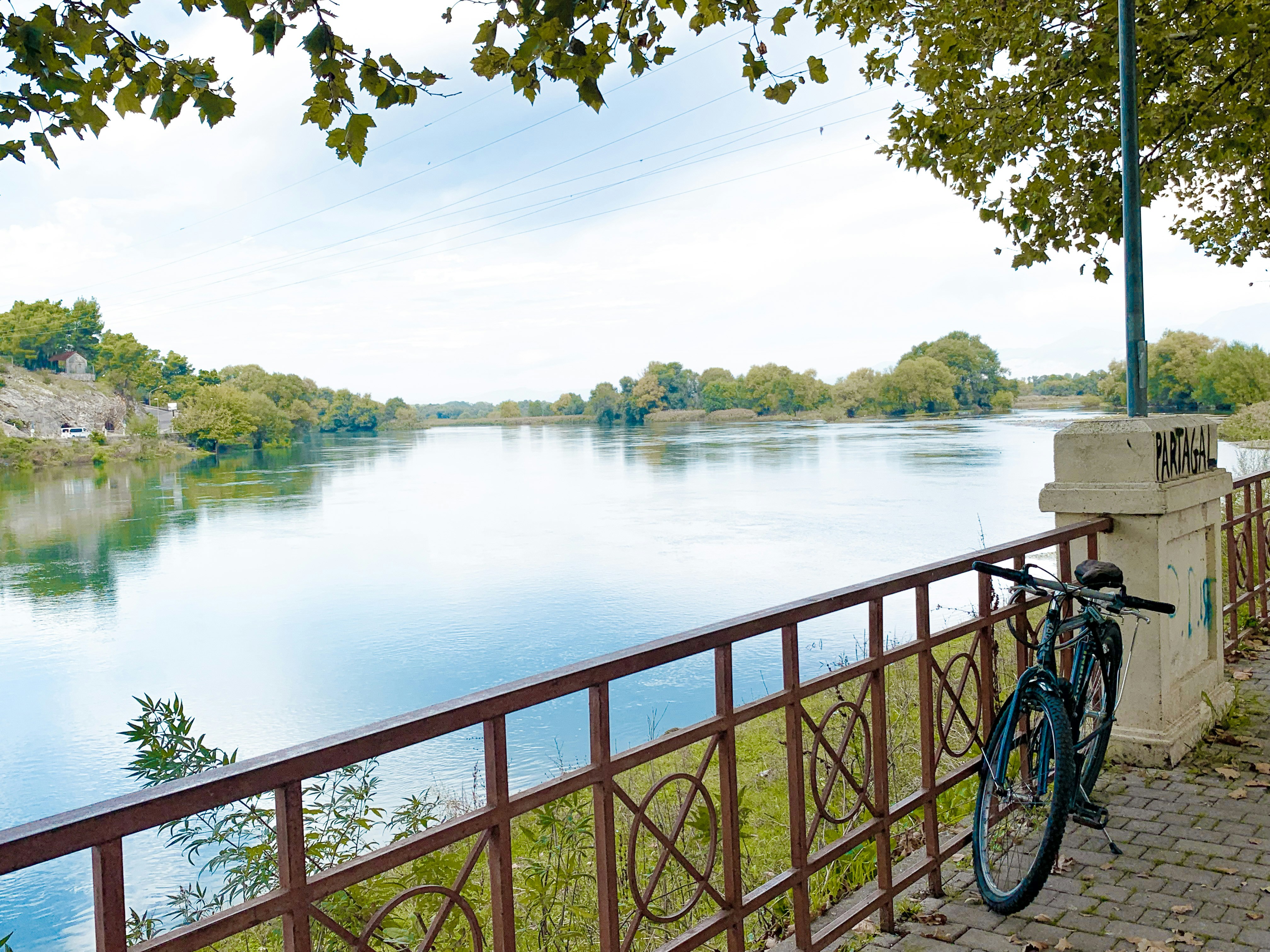 Bicycle resting against a railing by a serene lake surrounded by lush trees under a cloudy sky.