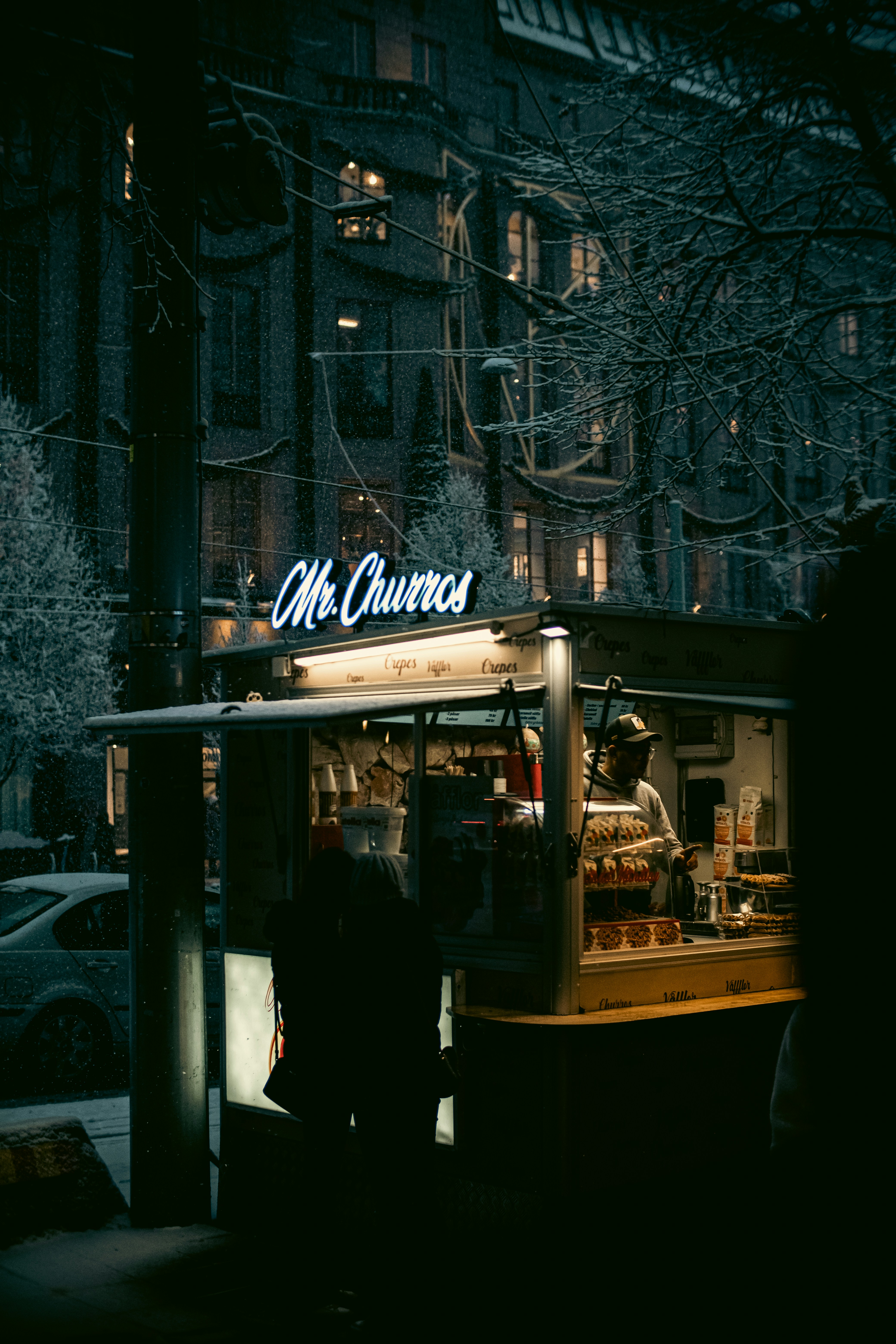 Winter Night Snack Stand: Neon Sign and Silhouetted Customer