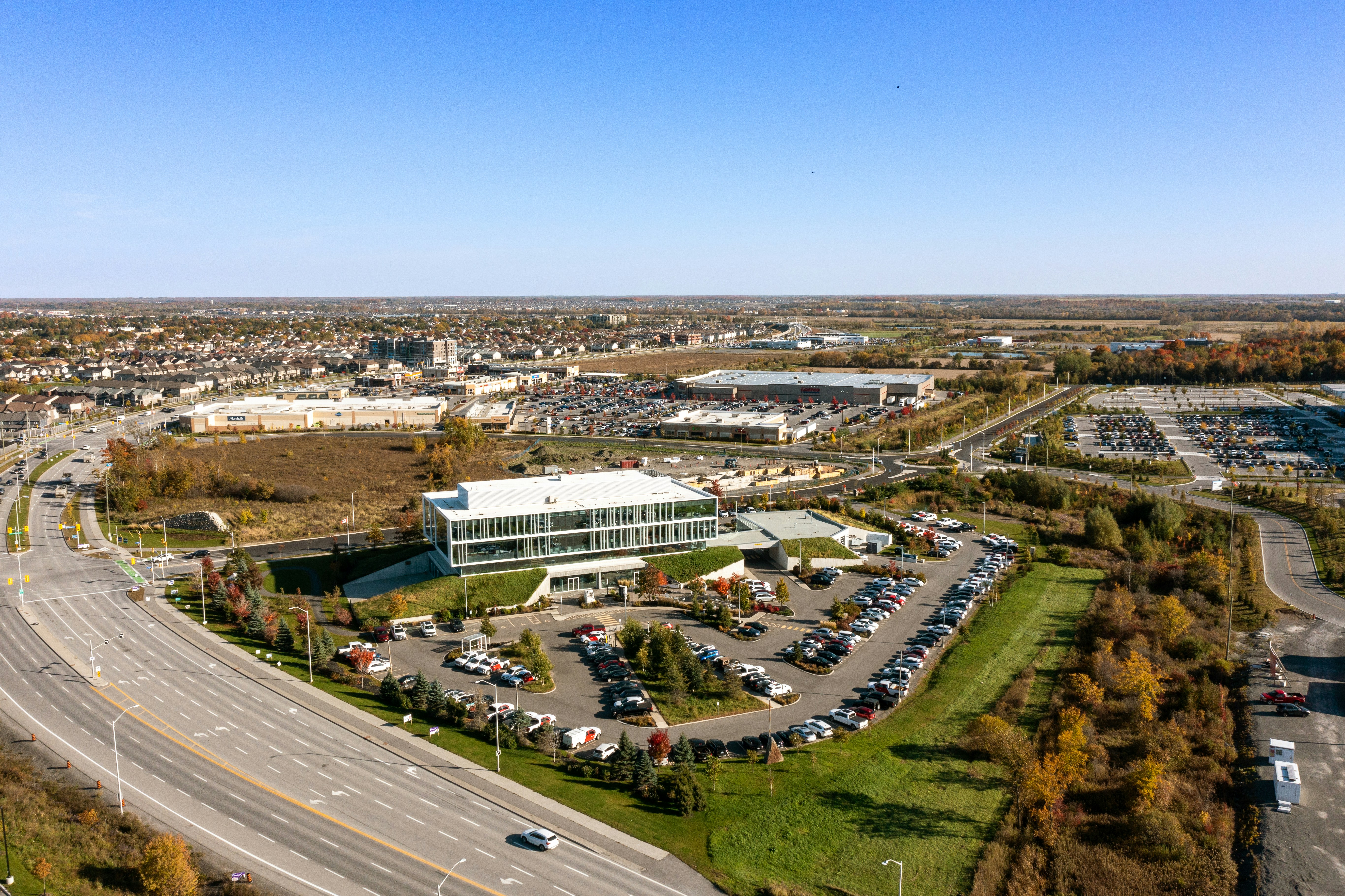 Aerial View of a Modern Corporate Complex and Parking Lot