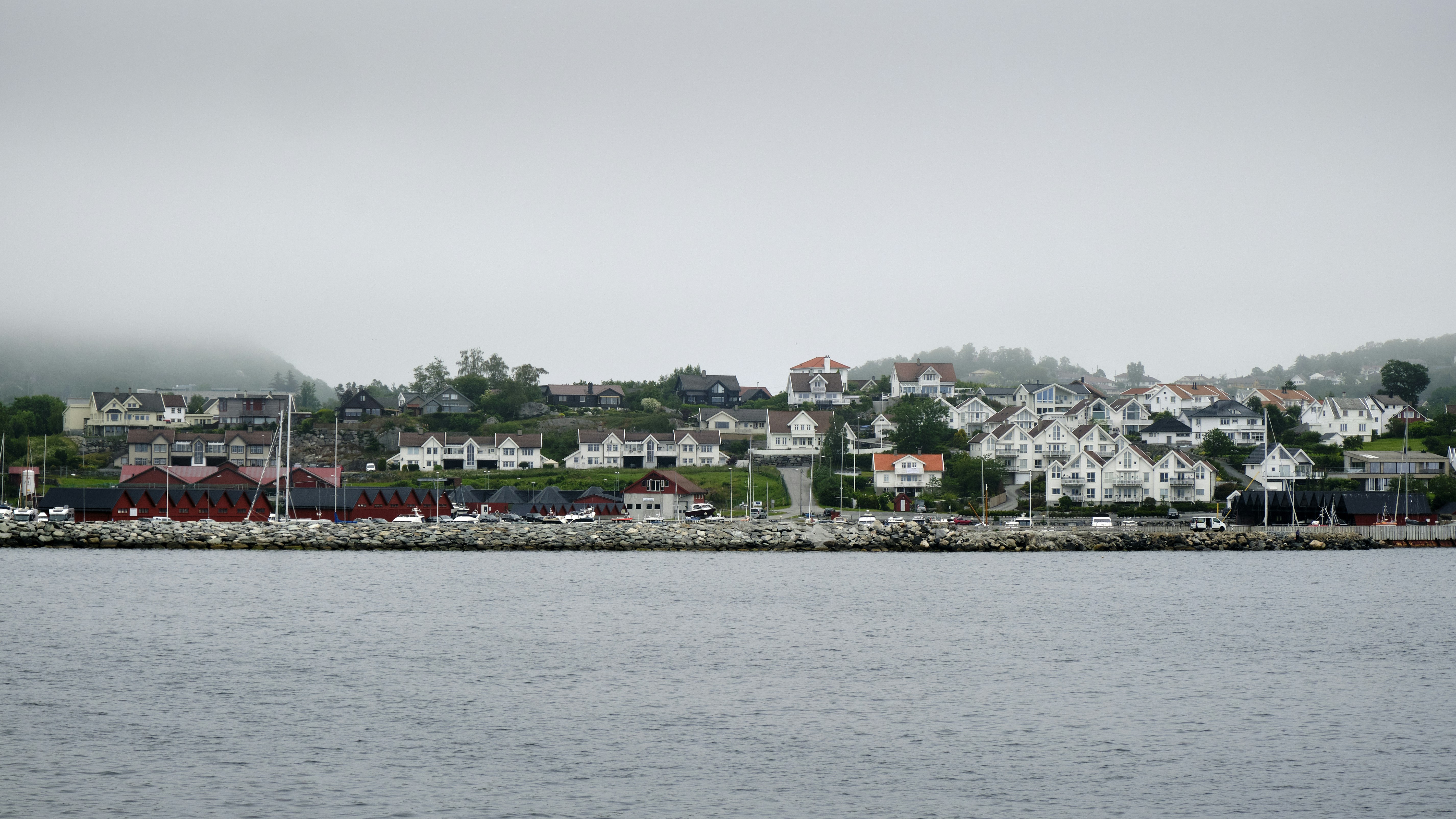 A coastal town nestled along the shoreline, featuring charming houses and boats in a tranquil harbor, shrouded in mist. The scene captures the essence of maritime life.