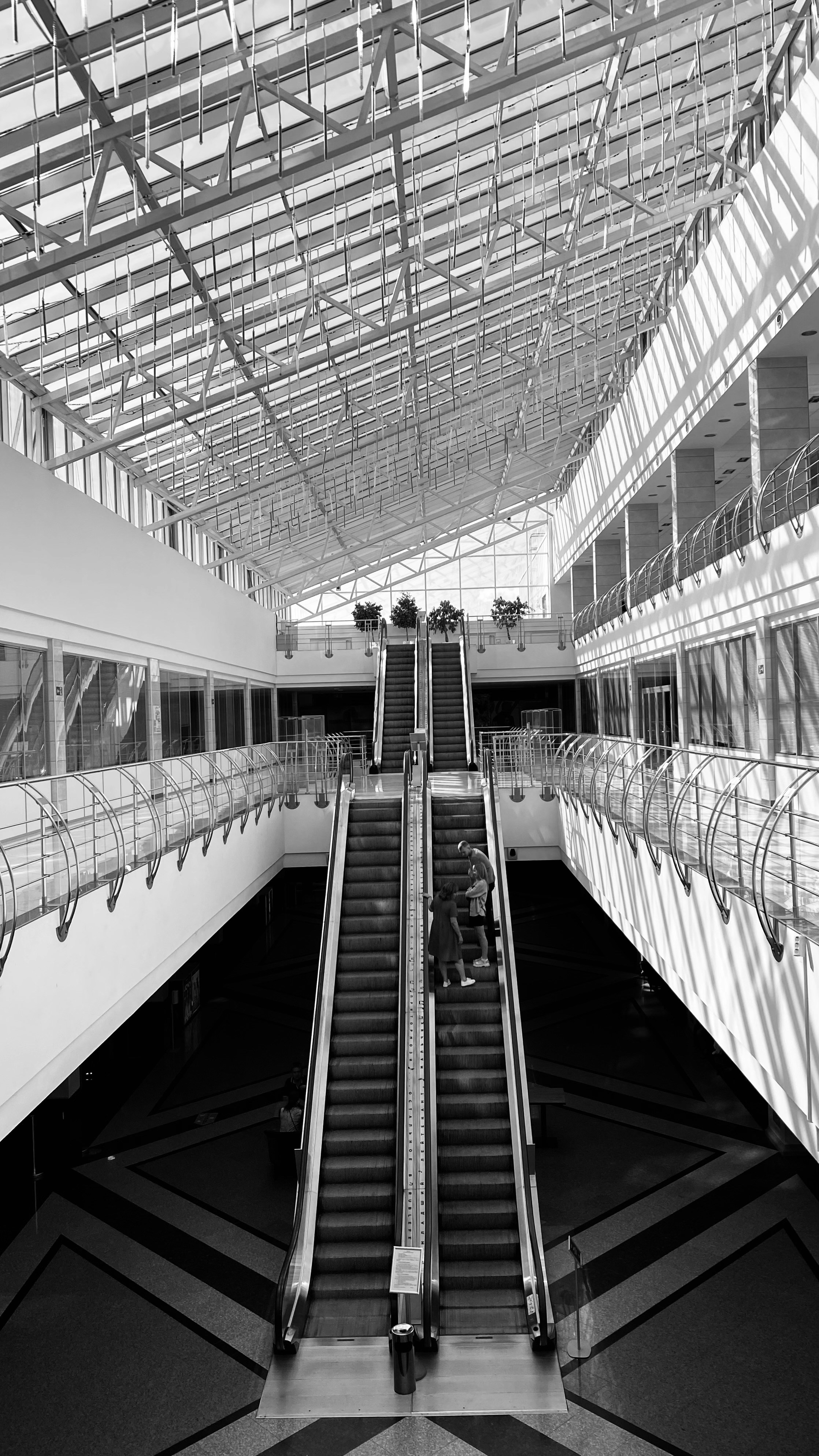 Modern escalators ascend in a spacious atrium illuminated by geometric patterns of light and shadow from the glass ceiling.