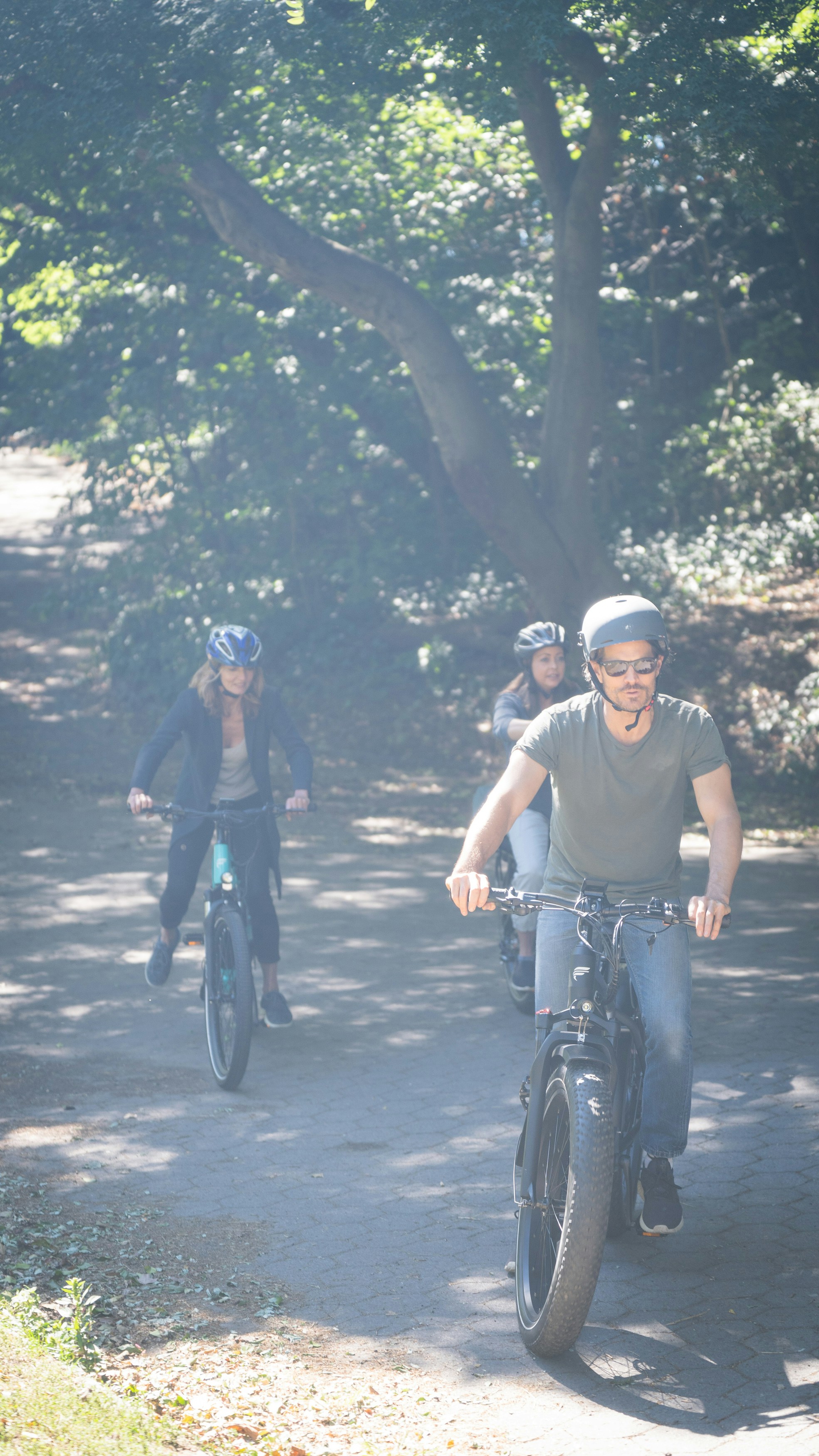 A group of people riding bikes on a trail in the woods photo – Free ...