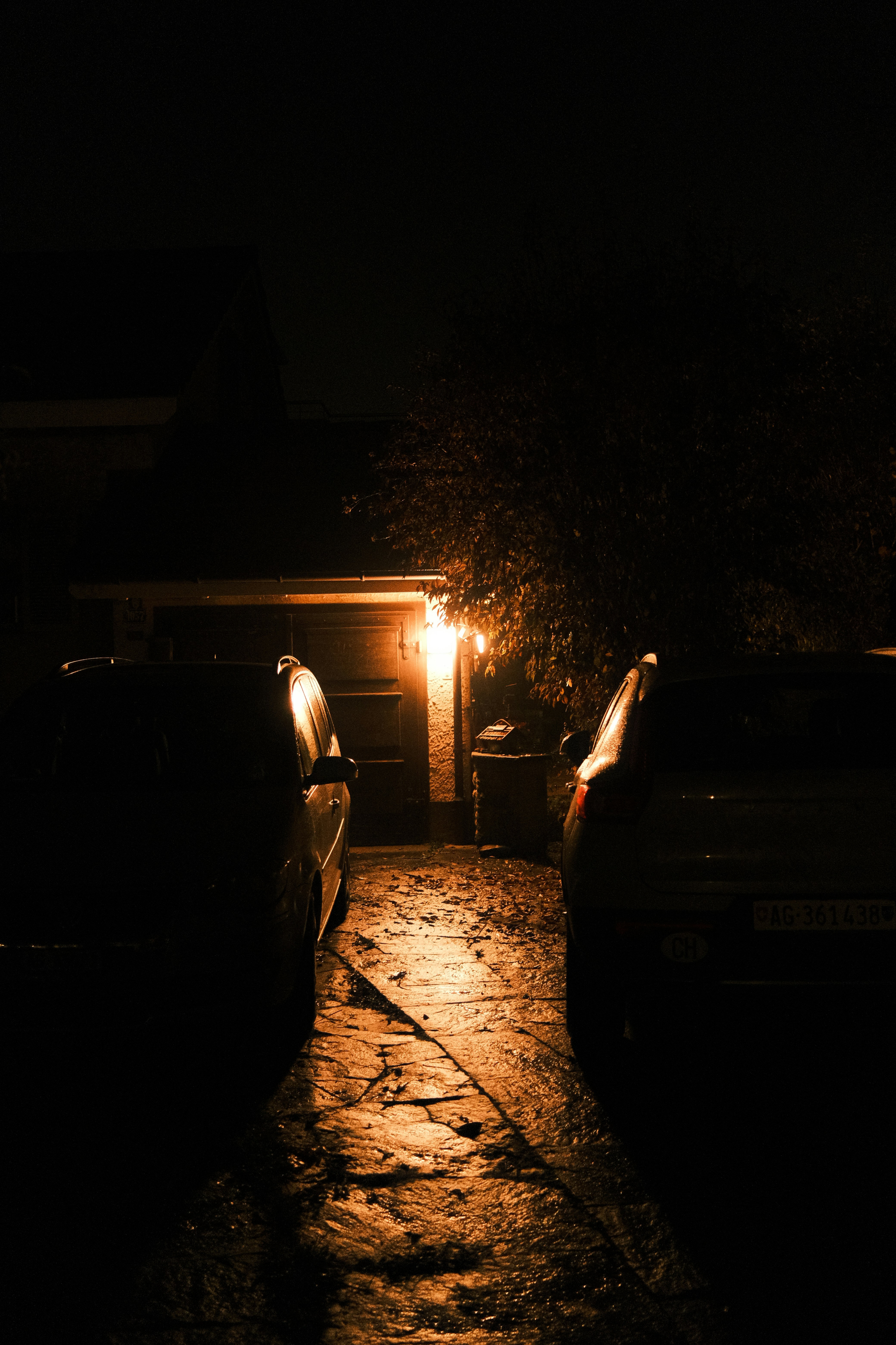 Backlit Driveway Glow: A Quiet Night at the Garage Gate