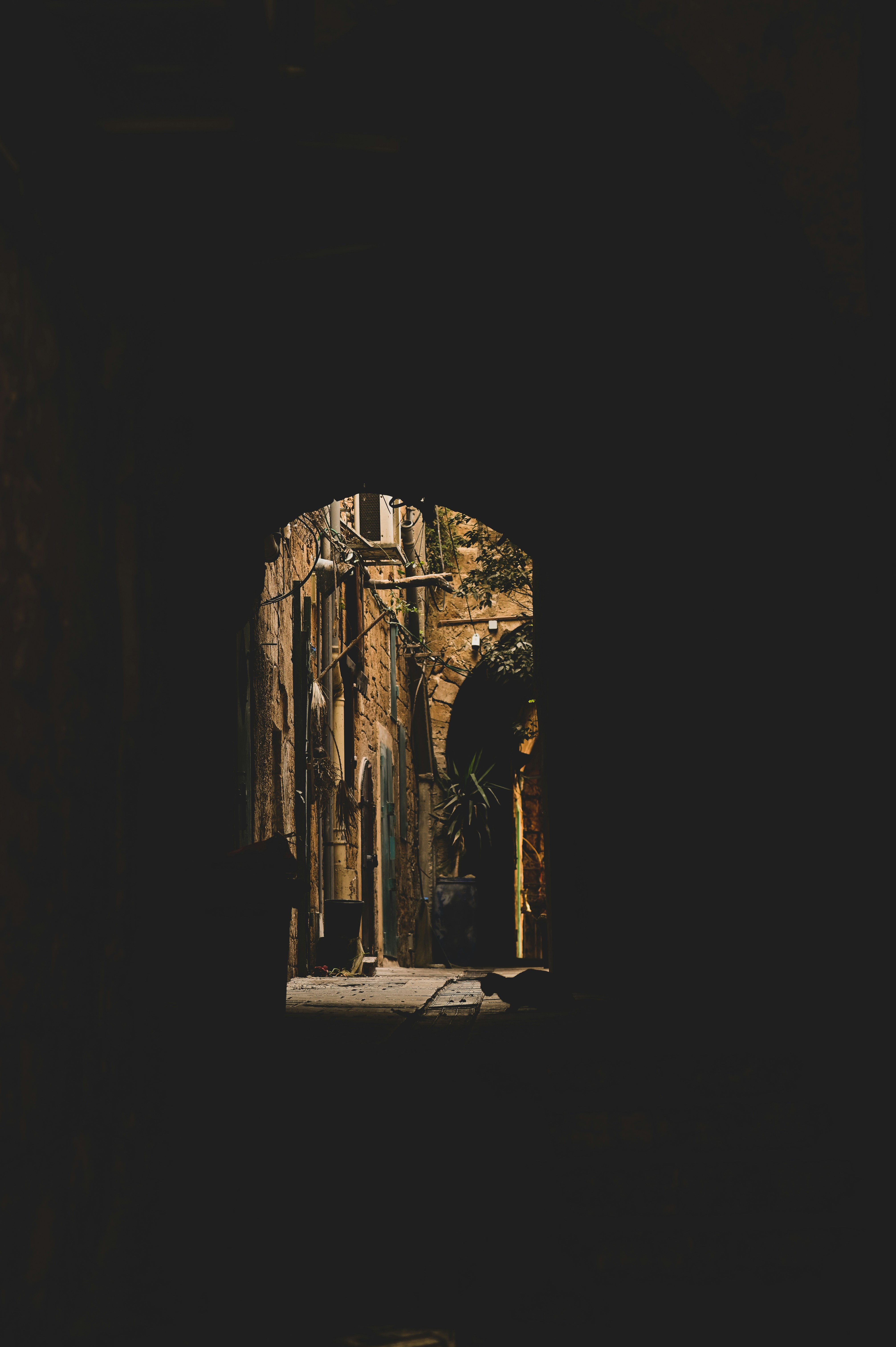 Dimly lit archway revealing a narrow street lined with weathered buildings and lush greenery.