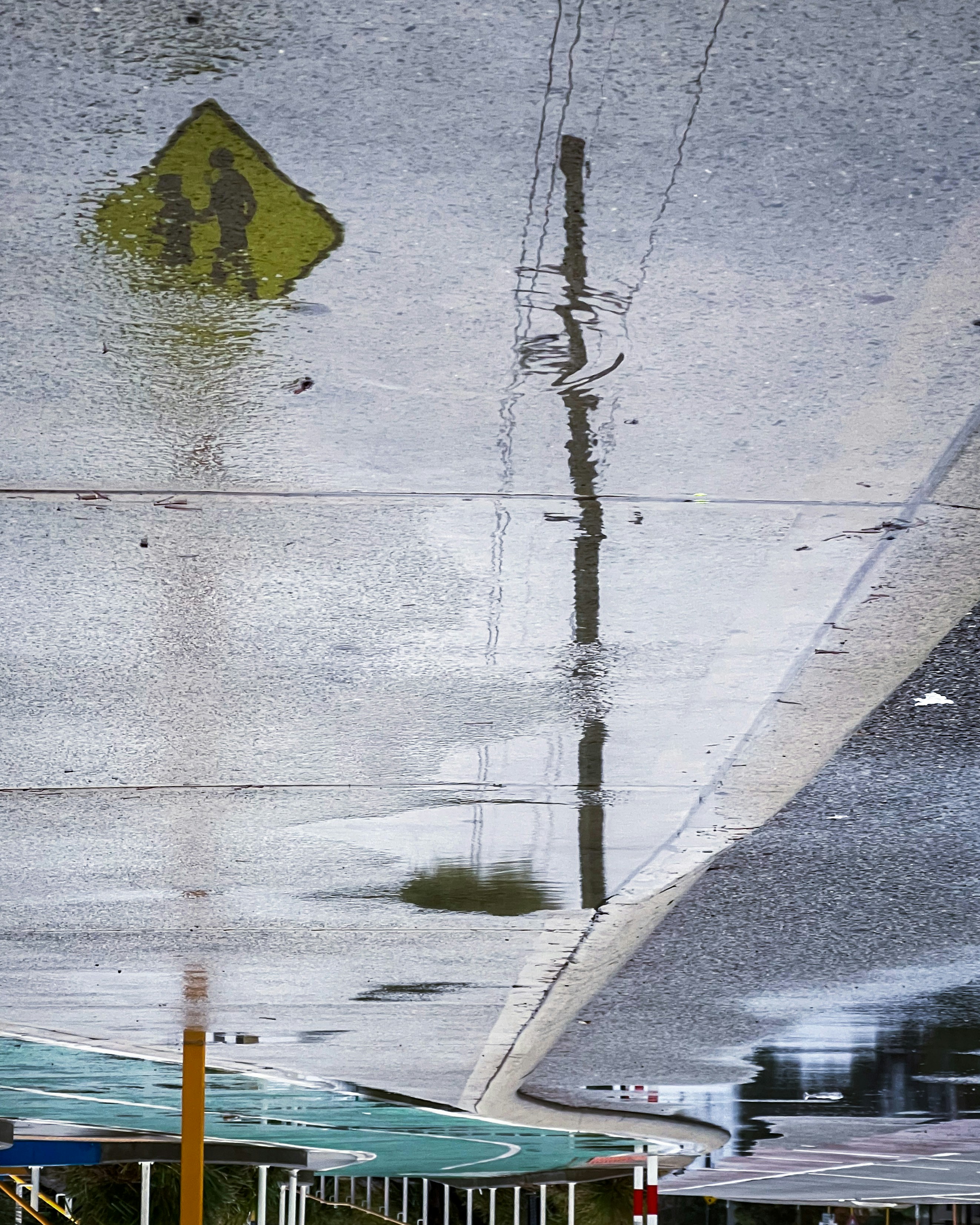 Diamond Crossing in a Rainwashed Puddle: A Sign Takes Shape on Water