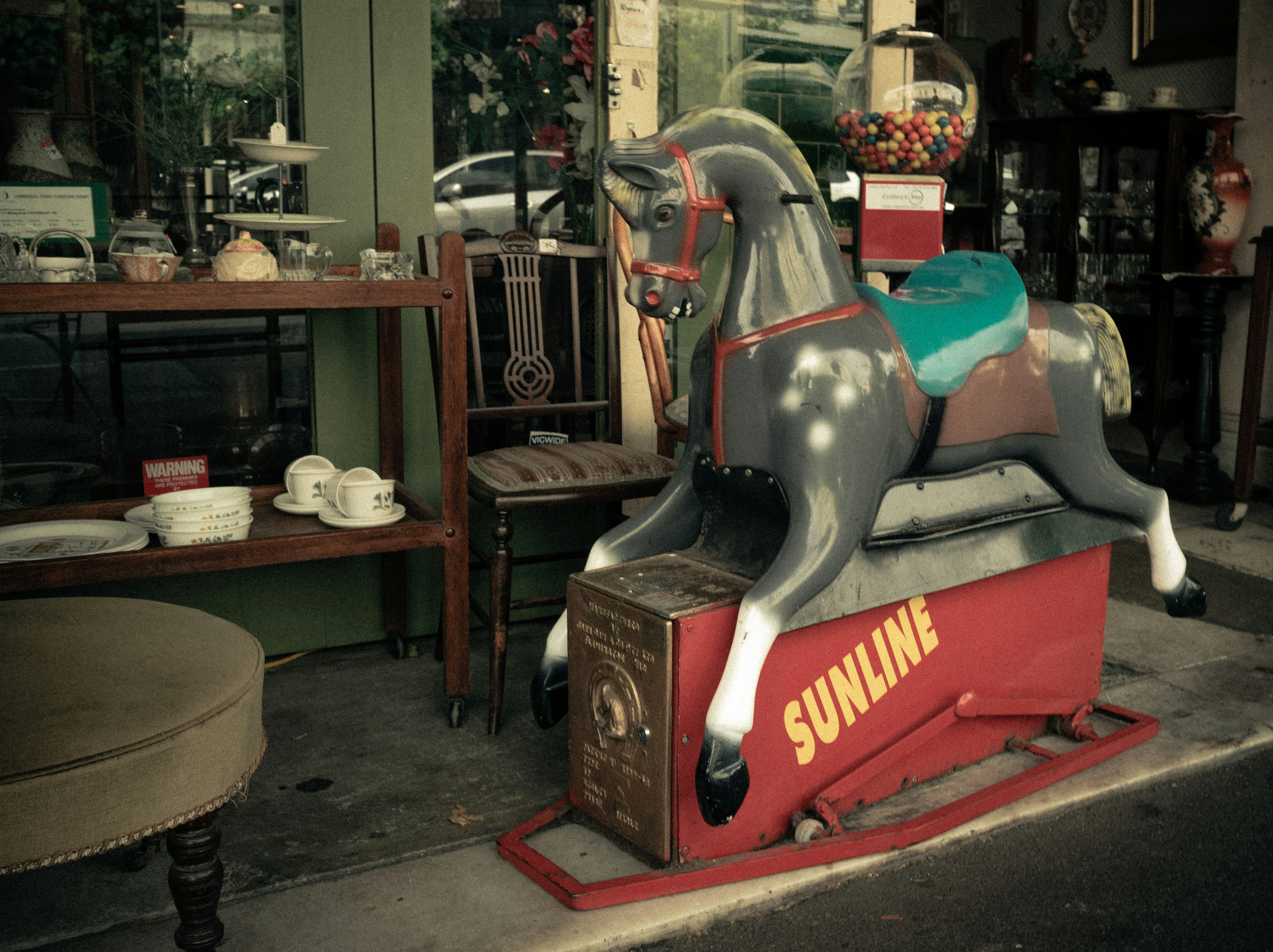 Sunline Carousel Horse Guards a Cozy Café