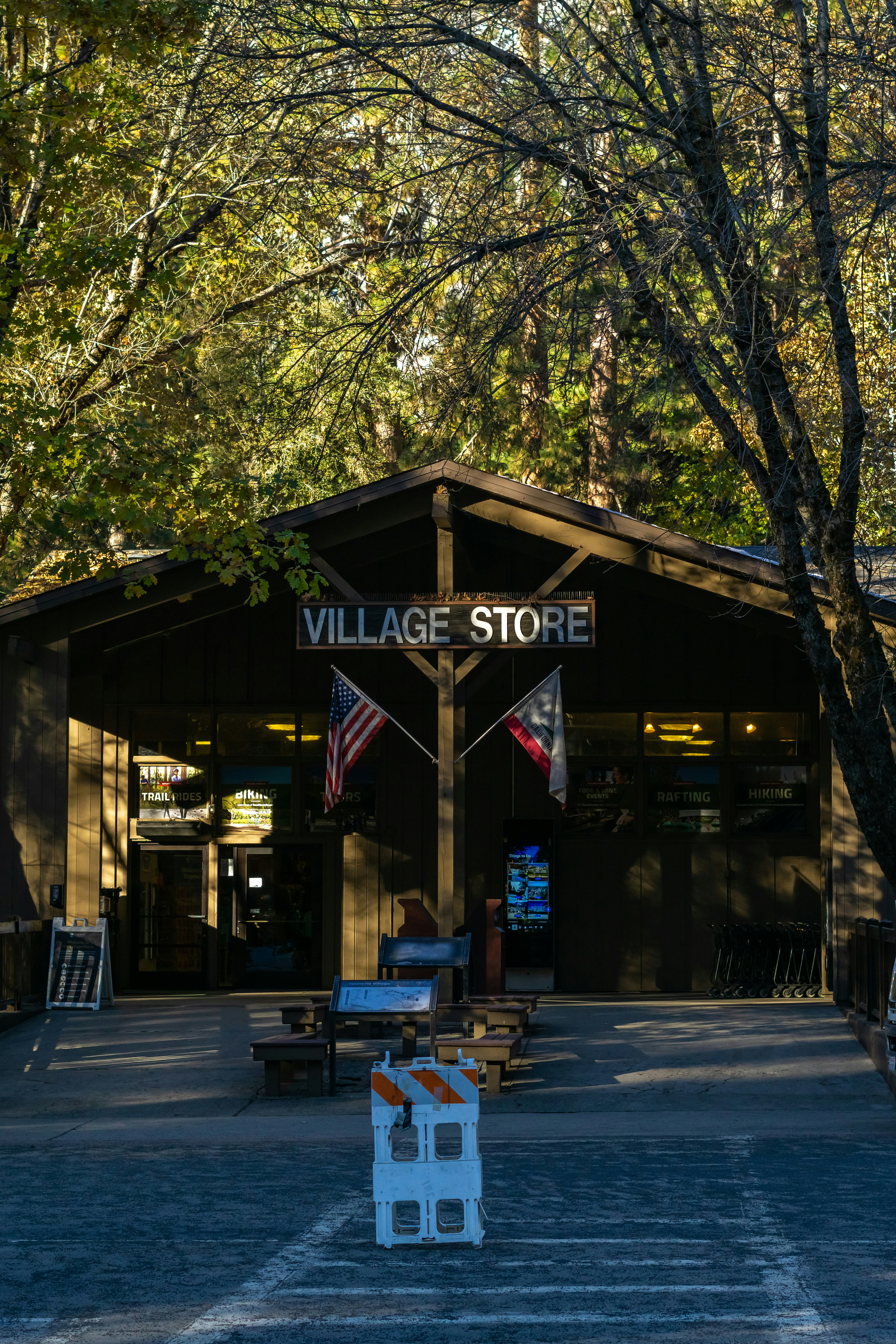 Sunlit Village Store Framed by Golden Autumn Canopy