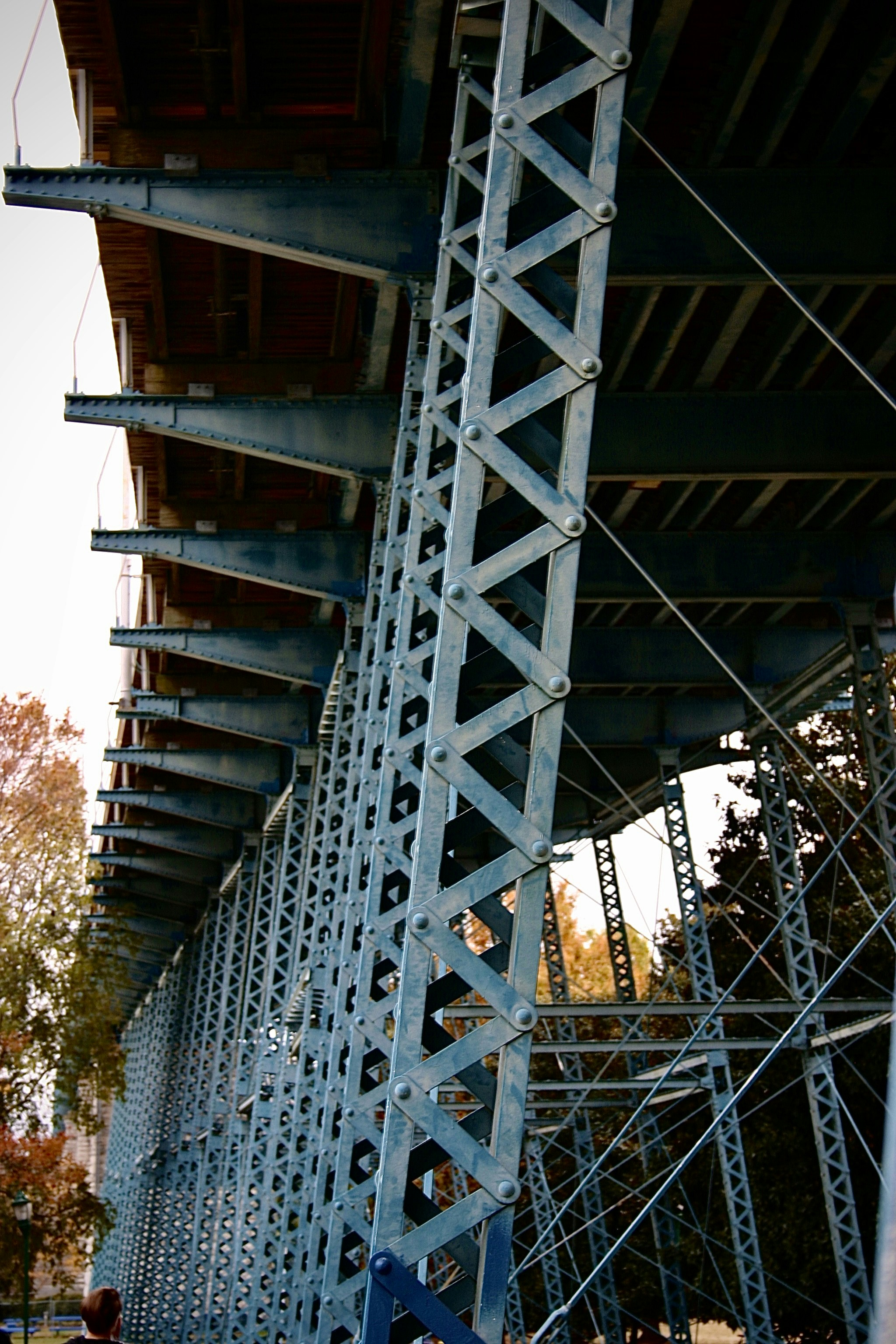 Intricate steel trusses and cables support the underside of a bridge, showcasing the elegance of industrial design. The play of light and shadow adds depth to the architectural elements.