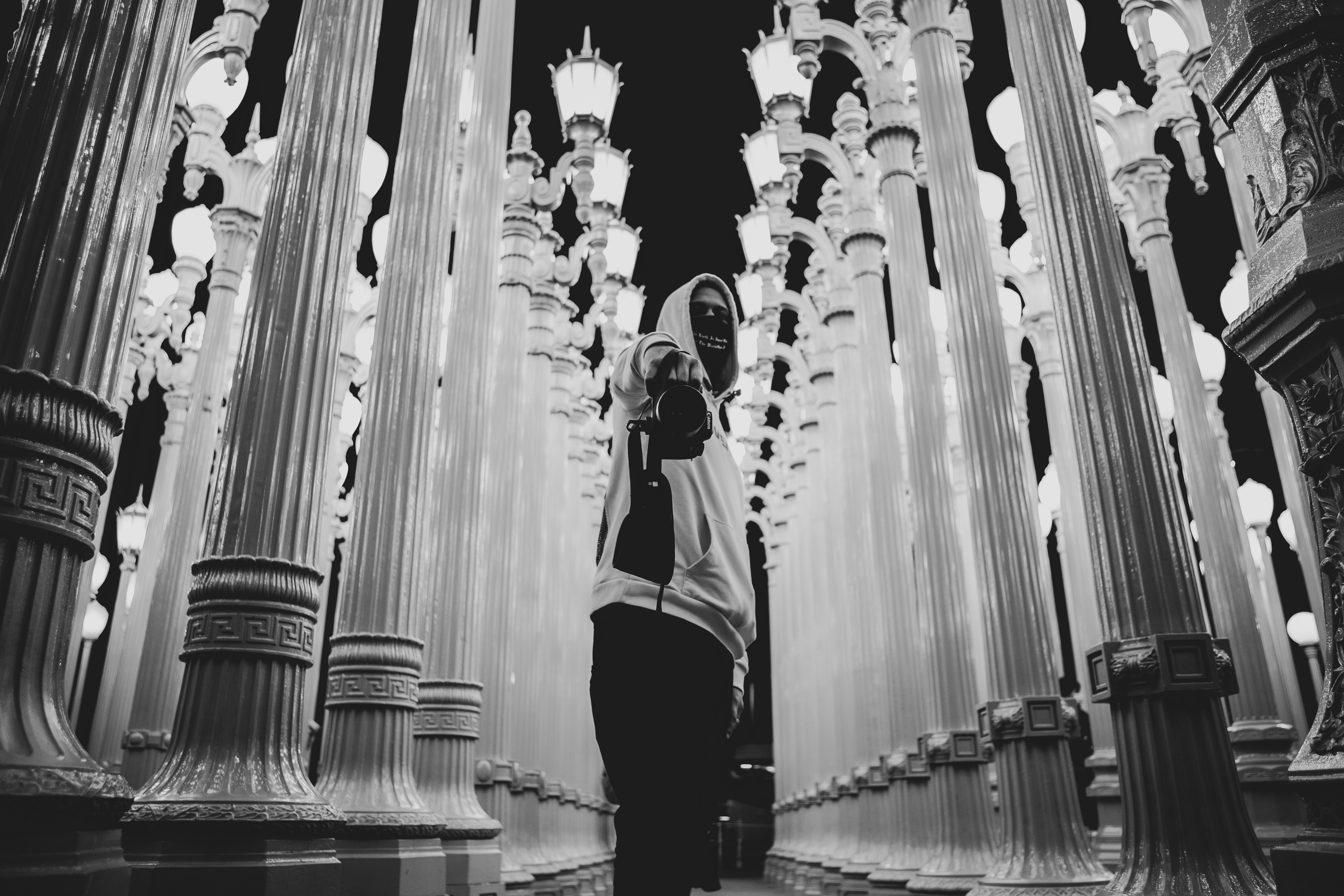 Night Under the Lantern Forest: Two Hoods Amid Luminescent Columns