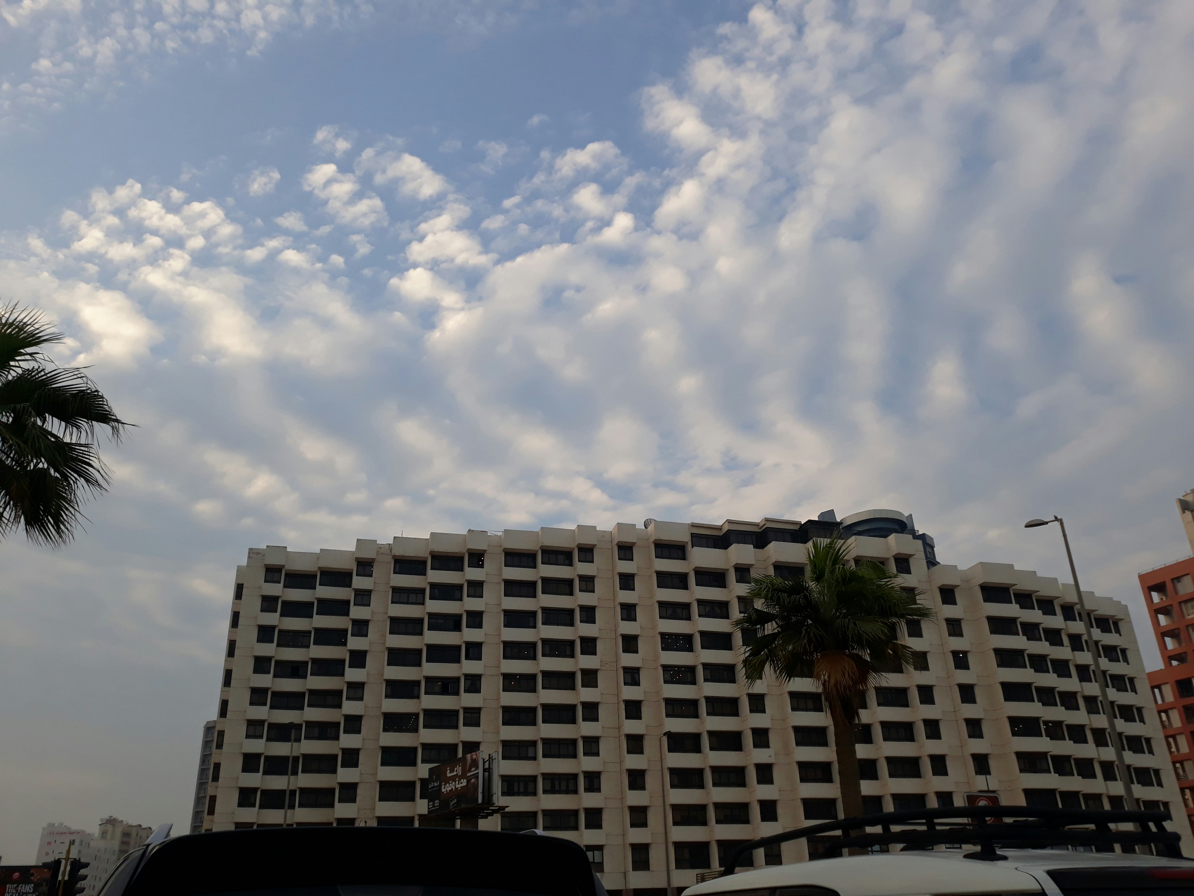 A modern apartment building stands against a backdrop of intricately patterned clouds, with palm trees framing the scene. The urban landscape contrasts with the soft, flowing sky.