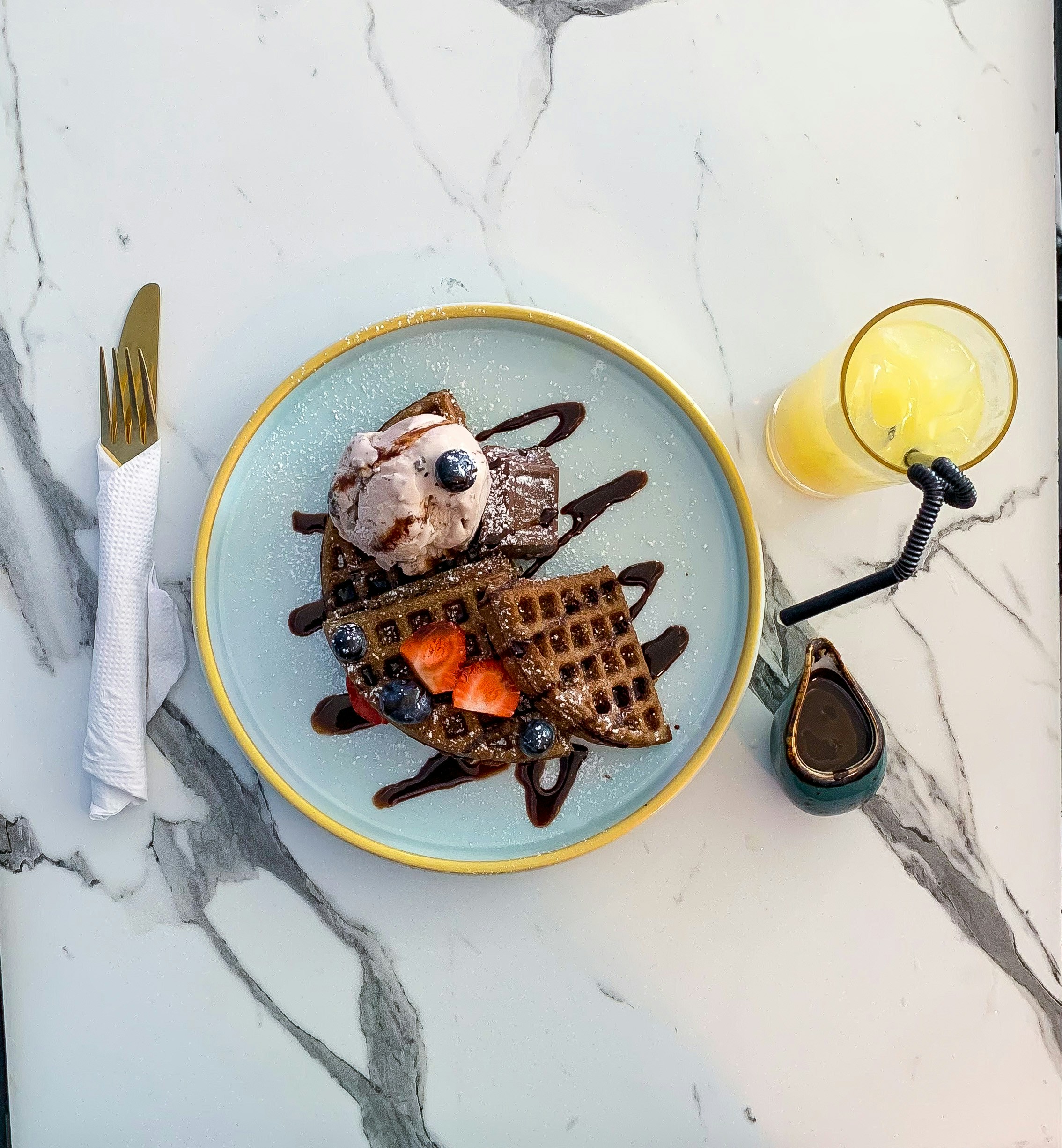 Marble Morning Waffle Stack: Vanilla Ice Cream with Berry Drizzle