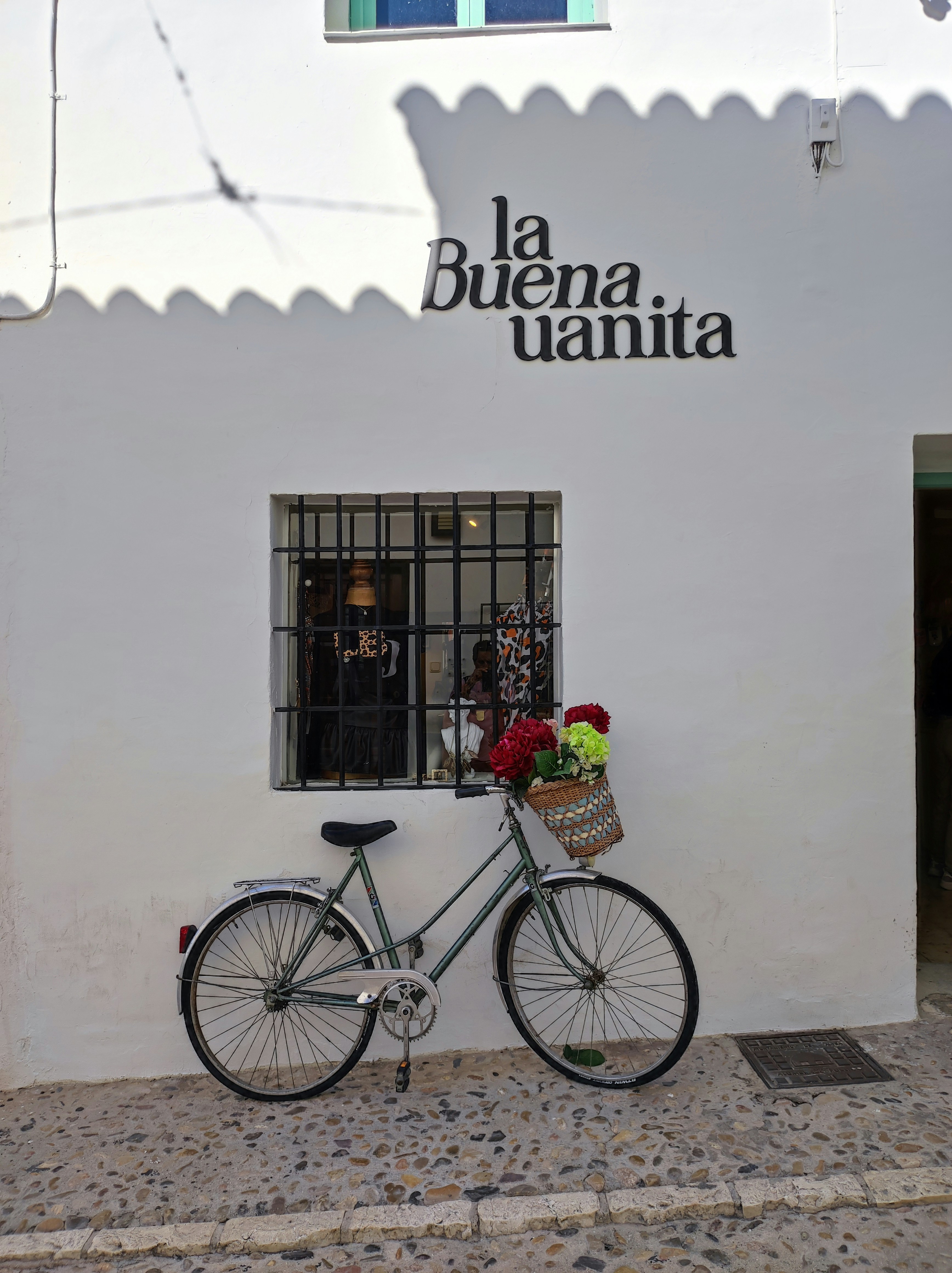 Vintage bicycle with a wicker basket of red and green flowers rests against a white stucco wall. A barred window and a storefront sign sit above, with decorative shadows on the wall.