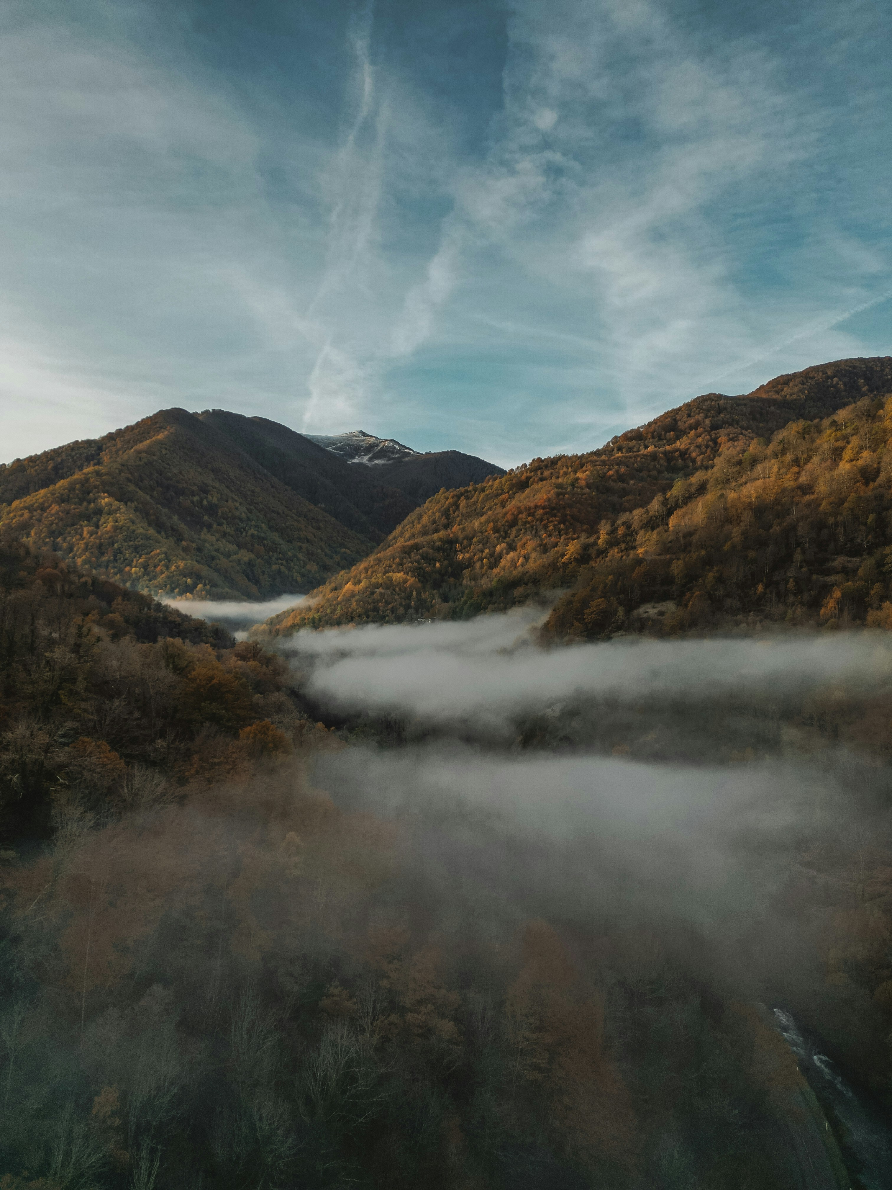 Autumnal valley landscape with forested hills and a low, rolling mist threading through the gorge. A clear blue sky crowns a distant snow-dusted peak.