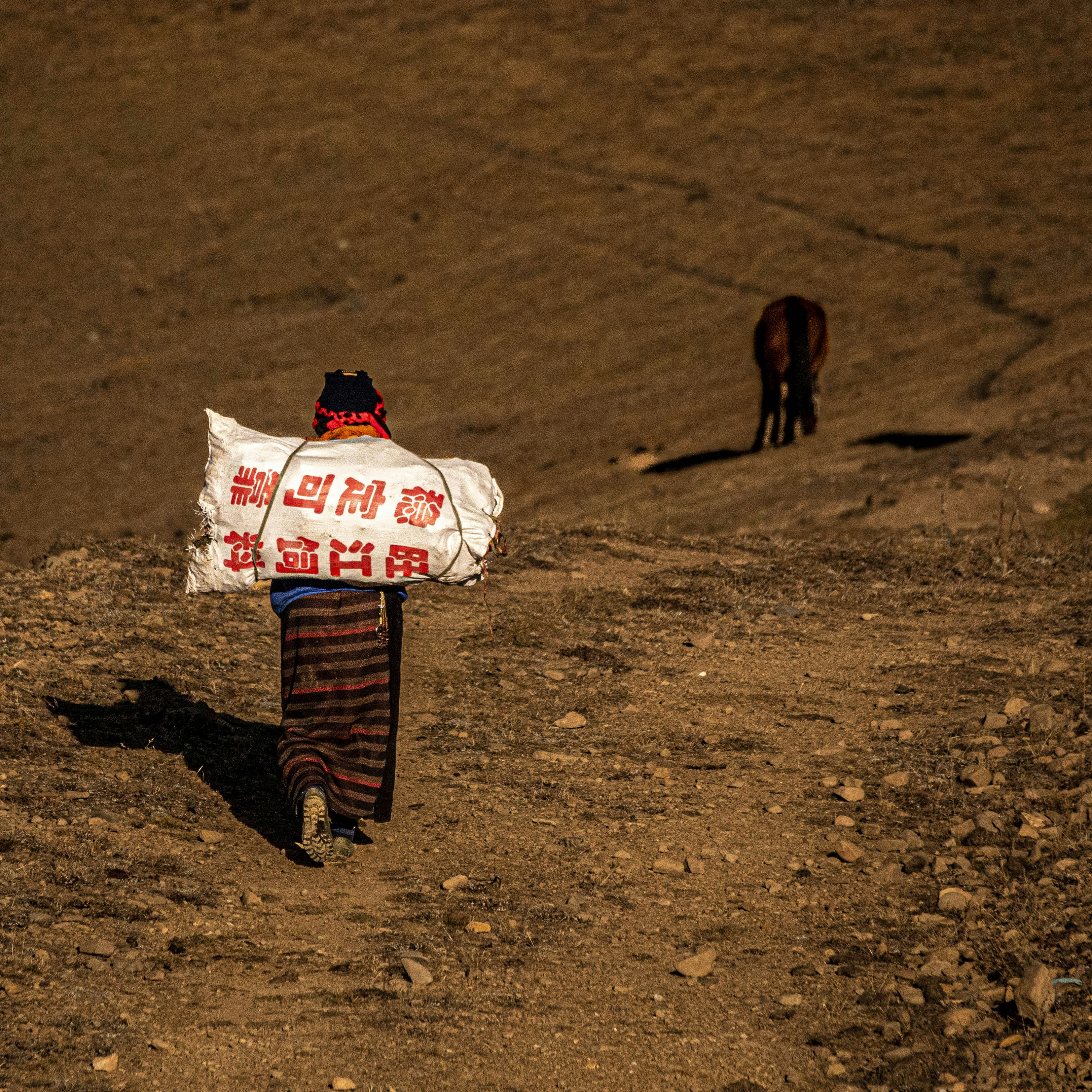 Porter on a Rugged Red Slope Hauls a White Sack