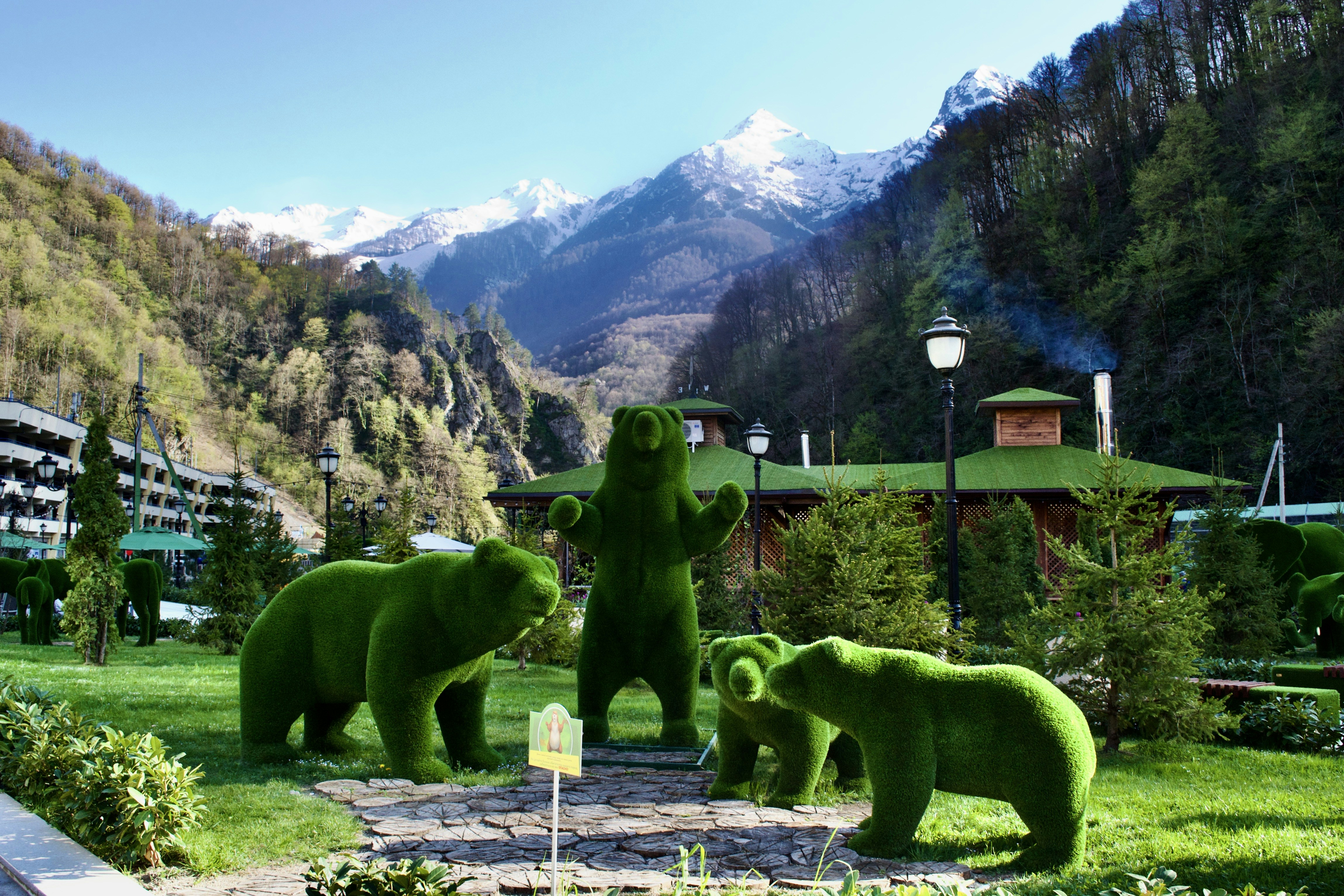 Green Stone Bears in a Mountain Resort Garden