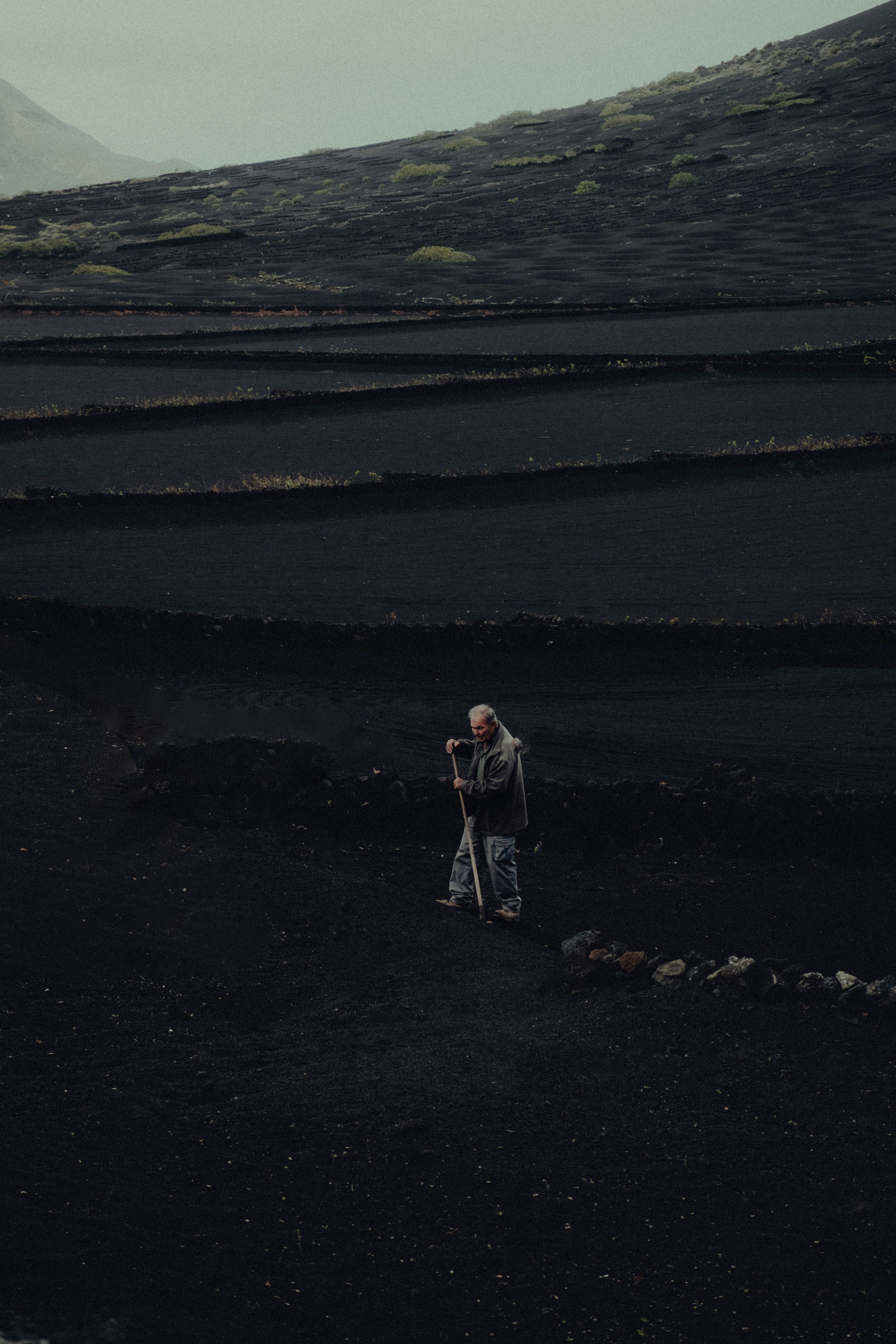 Lone Trekker on Volcanic Terraces Beneath a Muted Sky