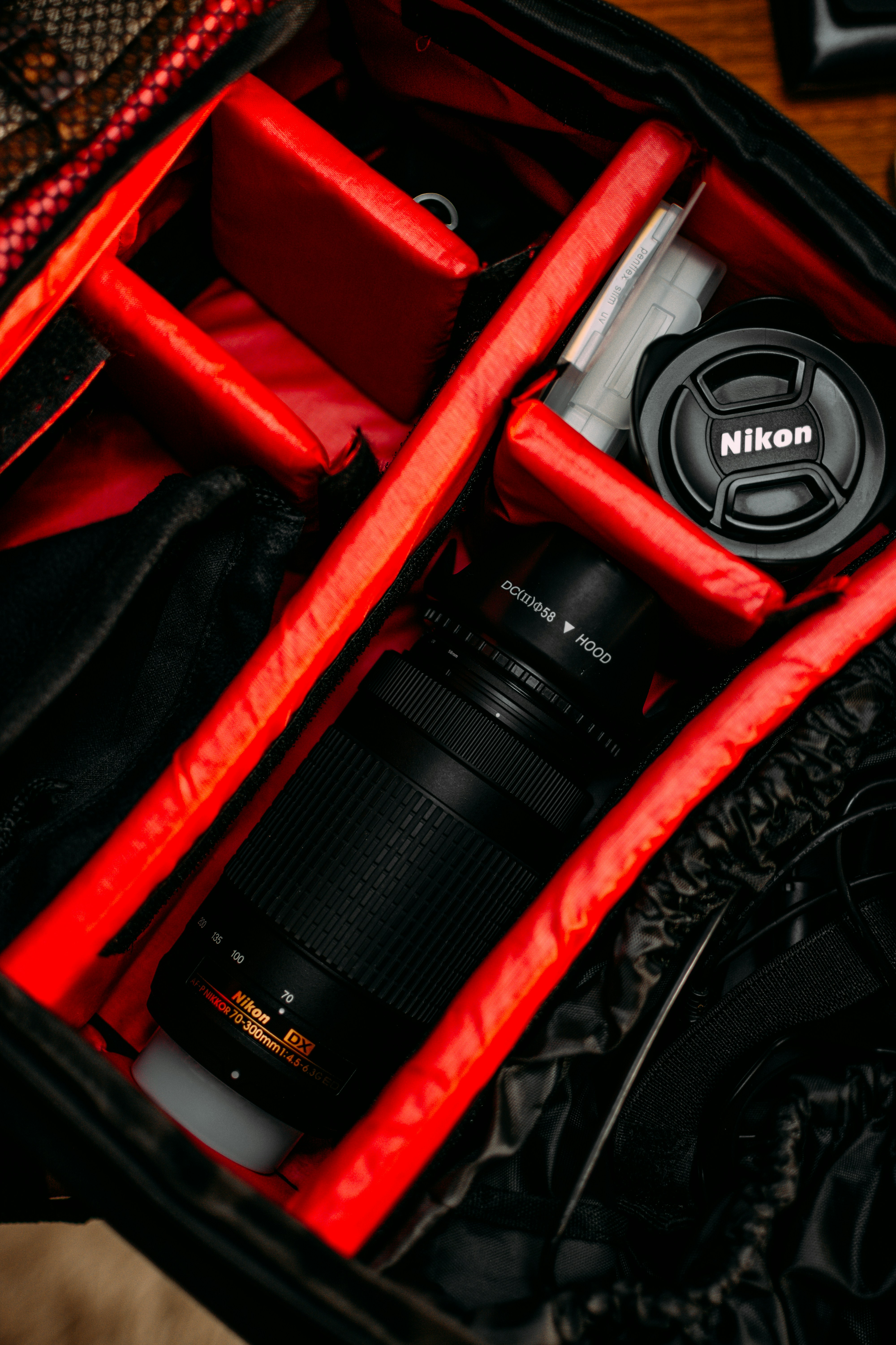 a red and black car seat
