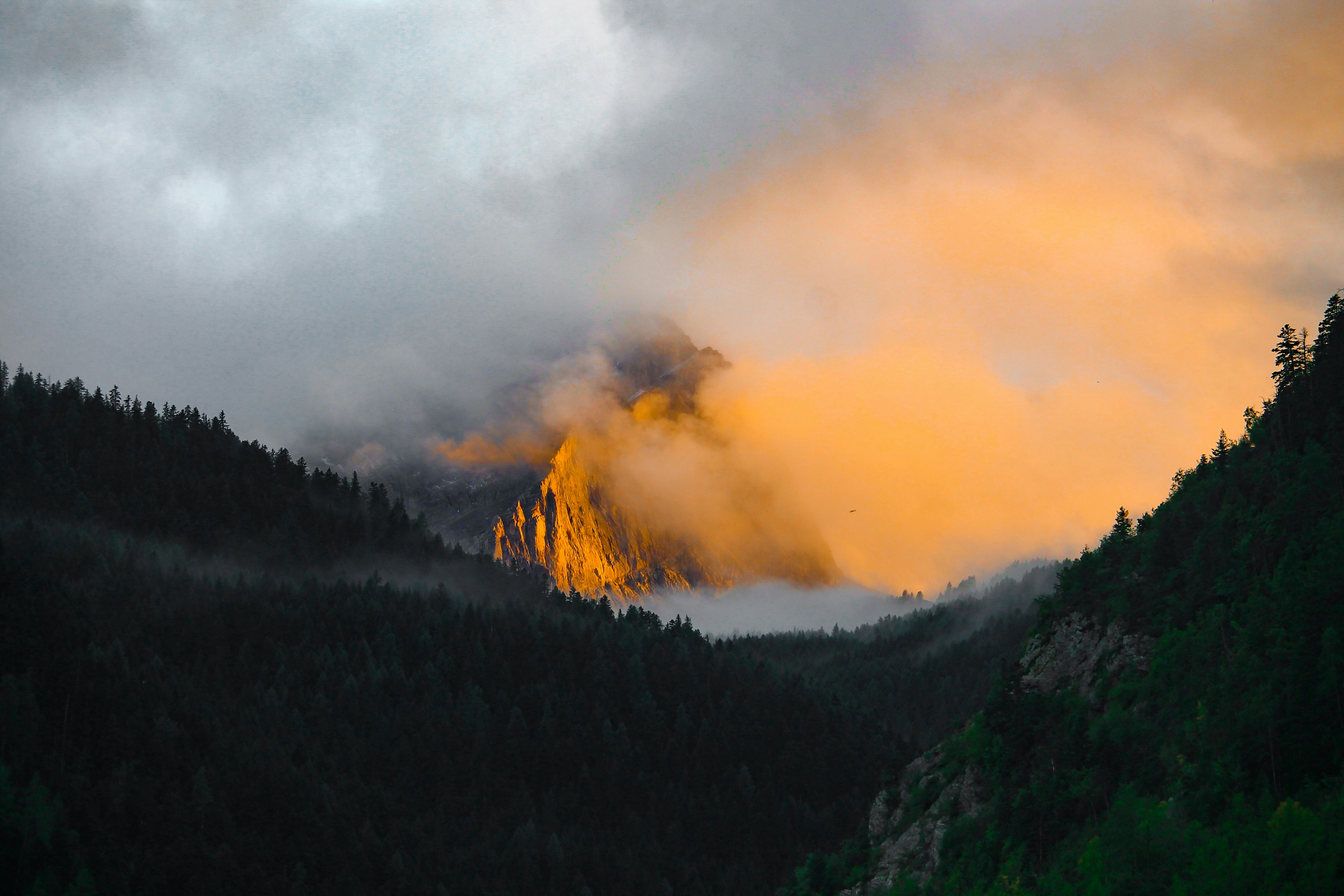 Golden Crown Rising: Peak Piercing the Cloud Veil Over a Shadowed Valley