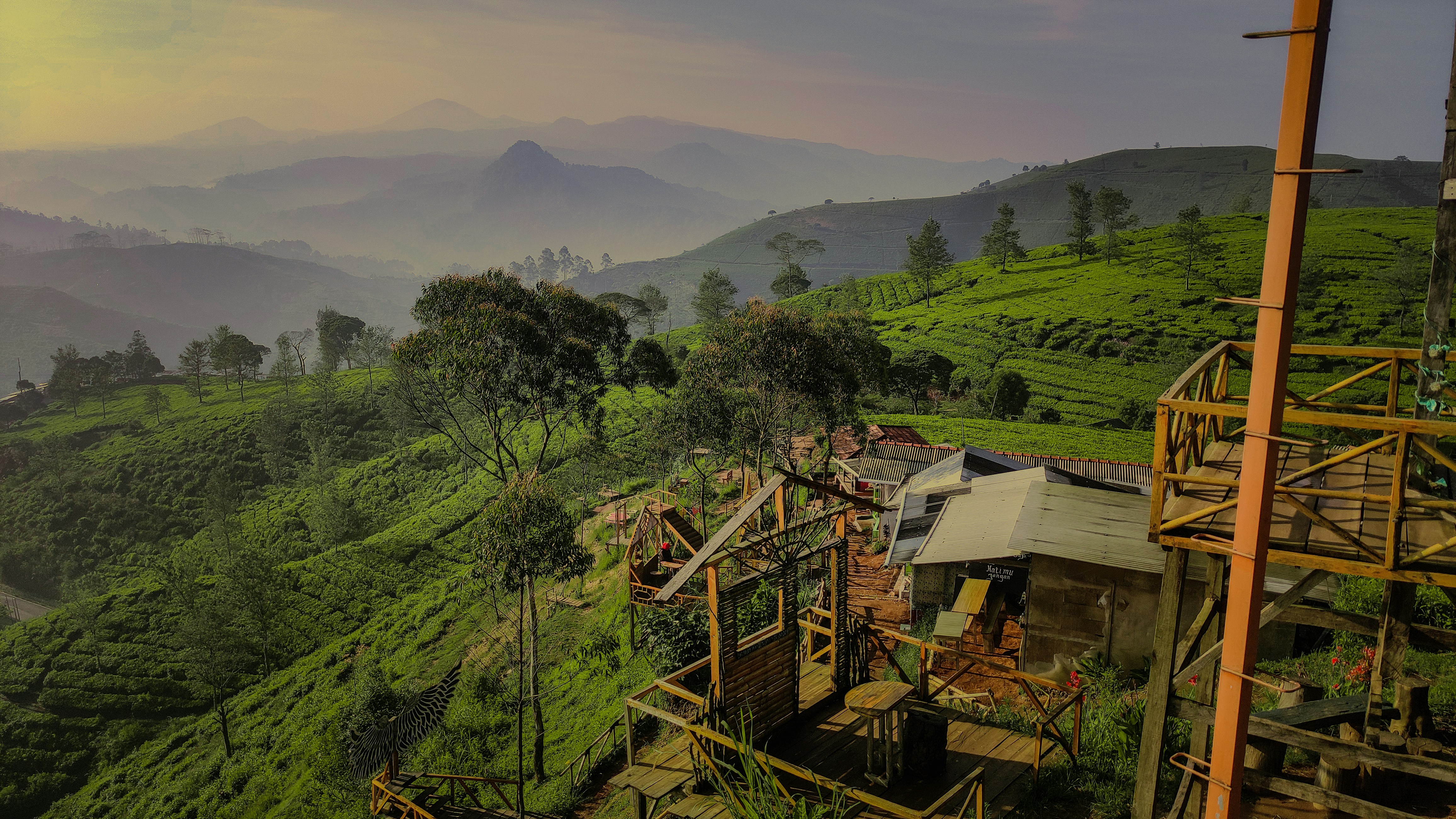 Terraced tea hills stretch into a misty horizon, with a wooden hut and scaffolding dominating the foreground. The image captures a rural construction site amid lush landscape.