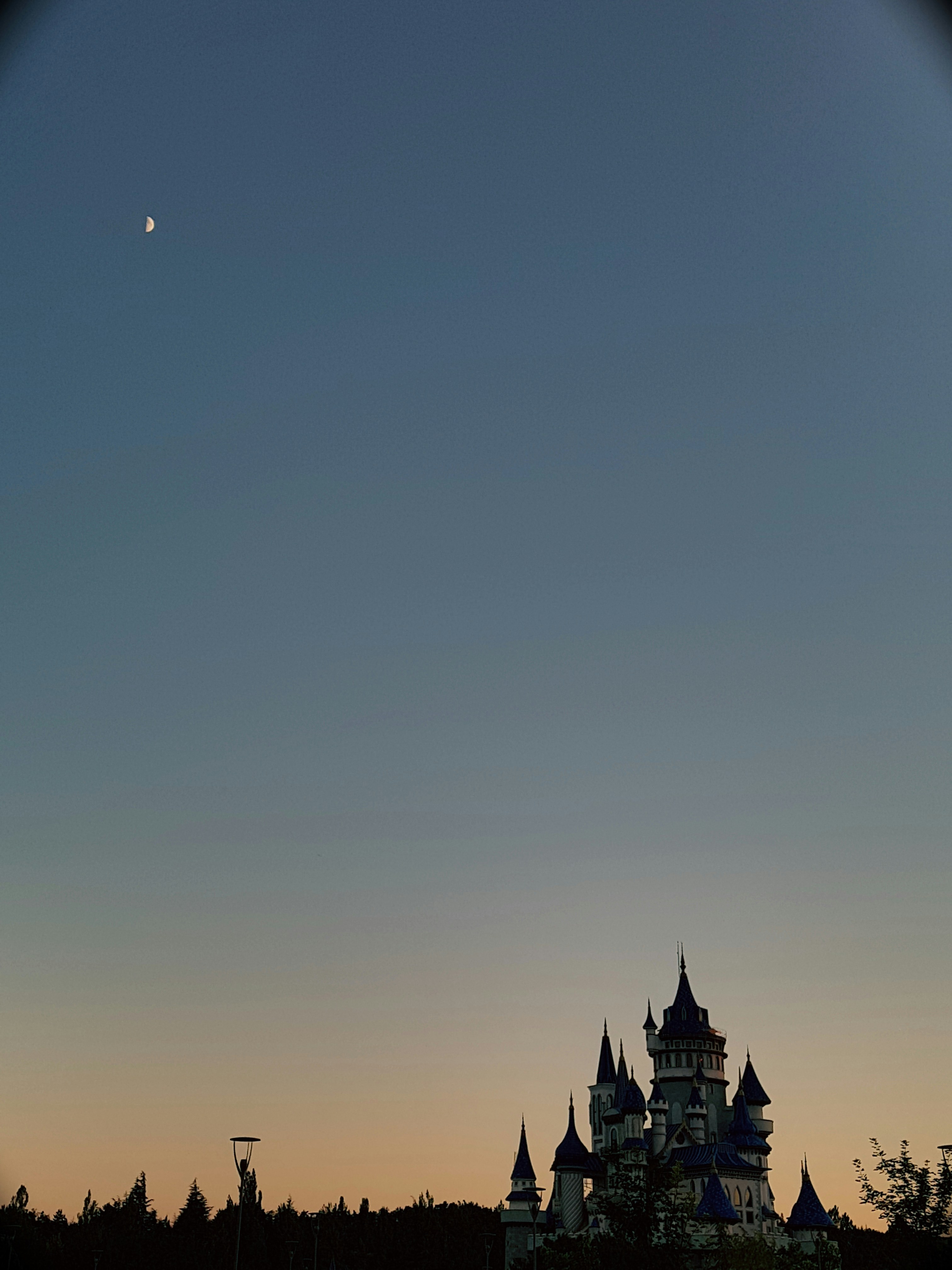 Castle on the horizon at dusk under a crescent moon