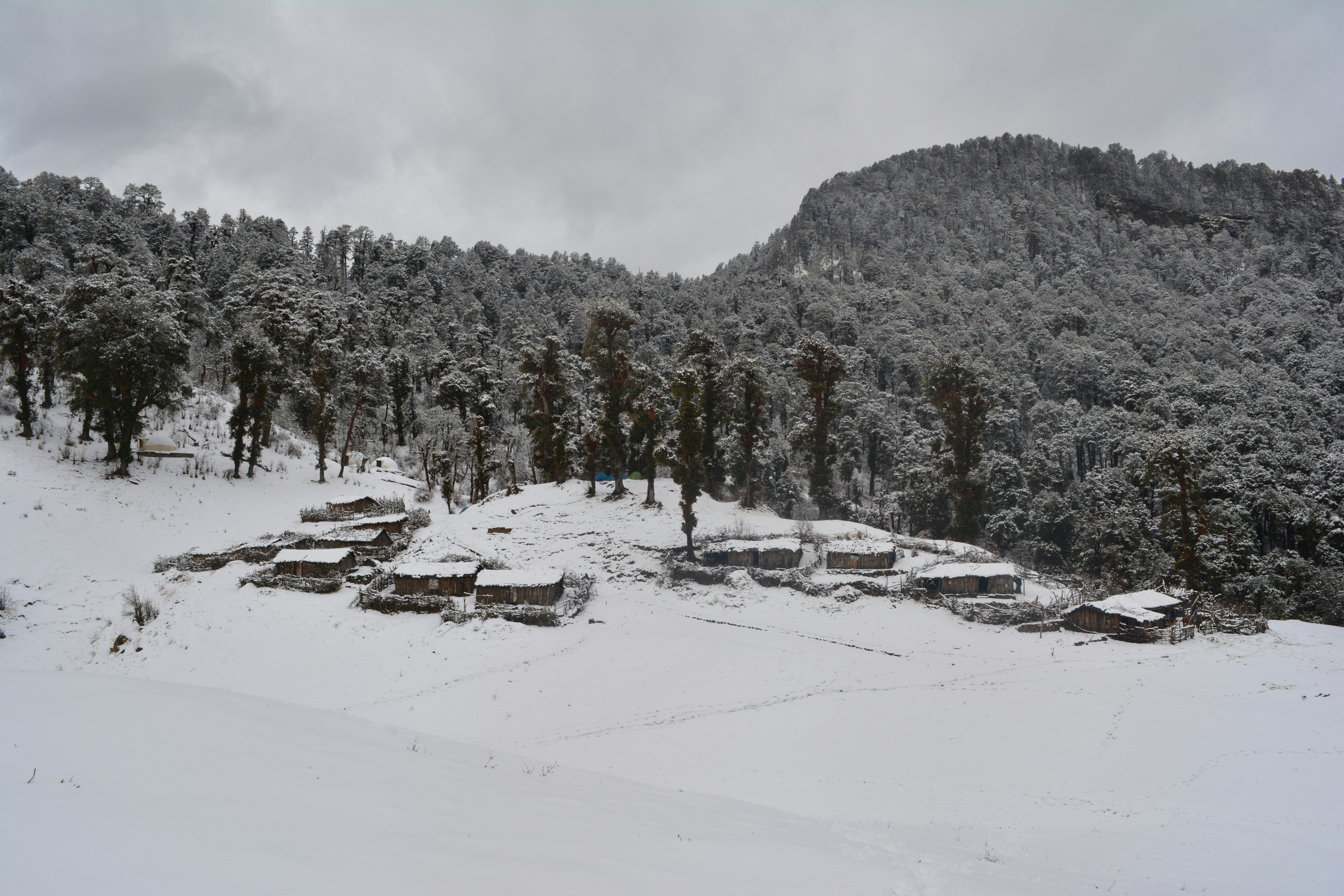 Snowbound Hamlet on the Quiet Slope Under a Leaden Sky