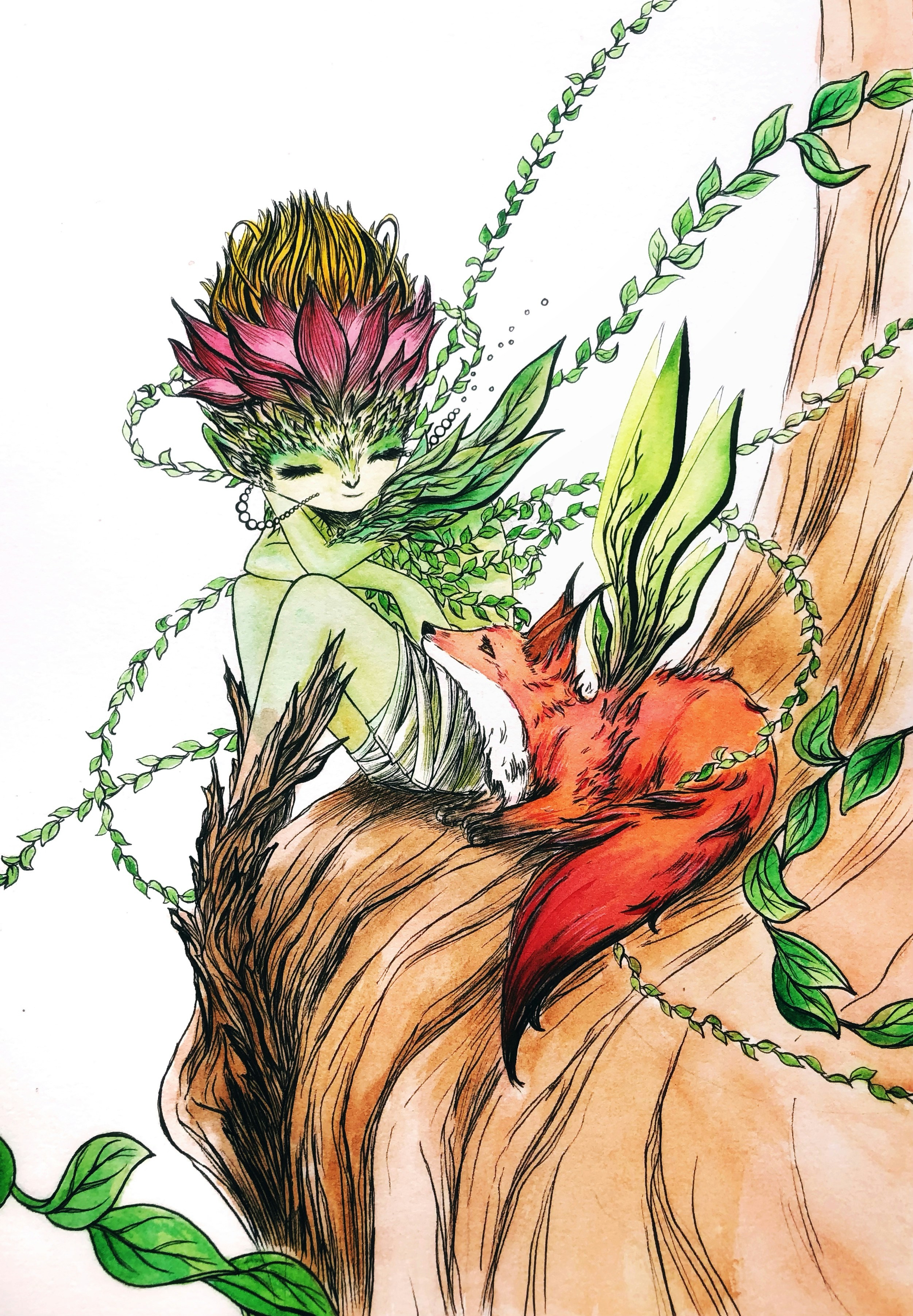 Vinebound Moment: A Leafkin Reaches to a Crimson Fox-Bird on a Tree's Edge