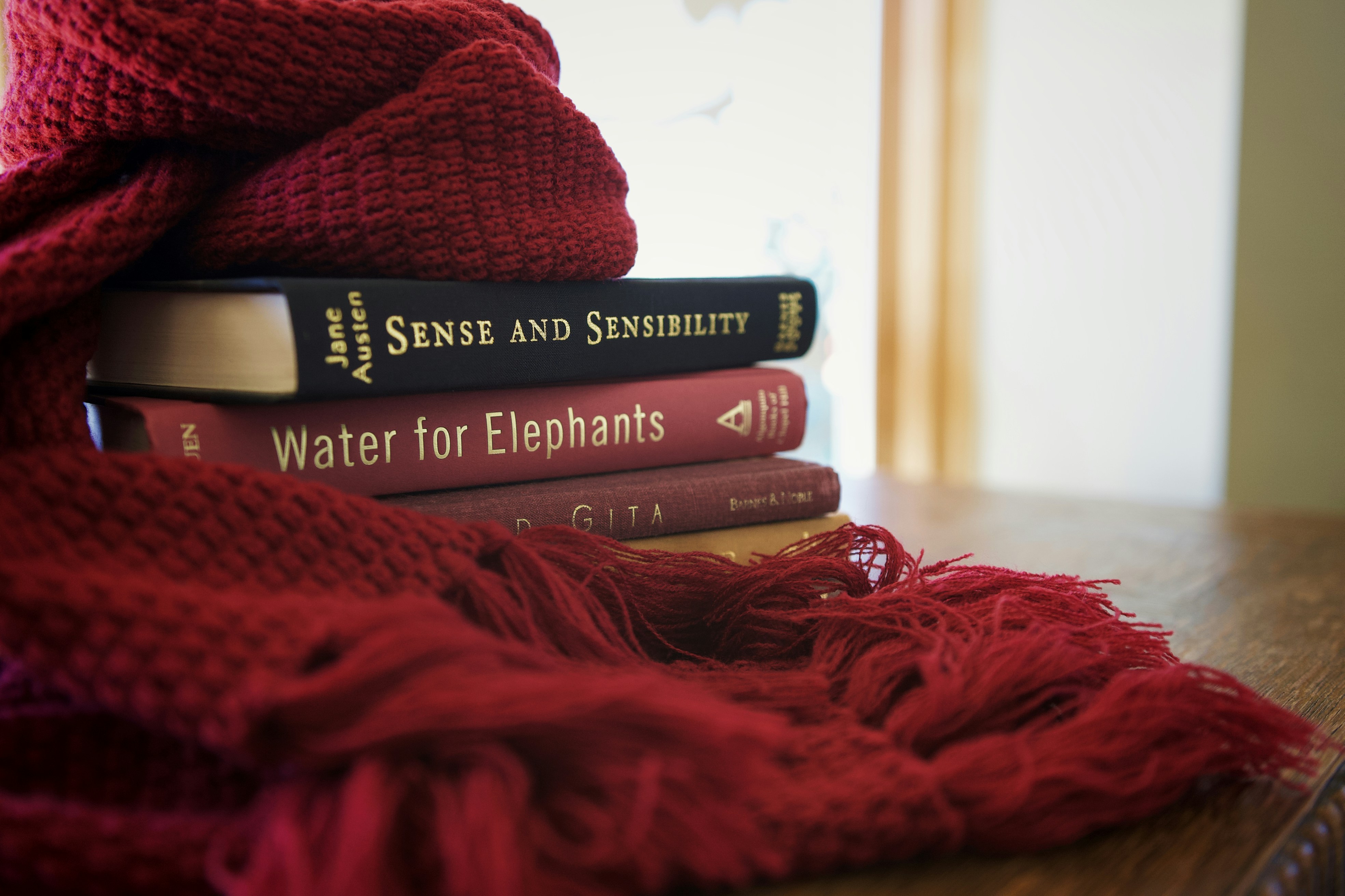 Scarlet scarf and stacked books on a sunlit wood surface
