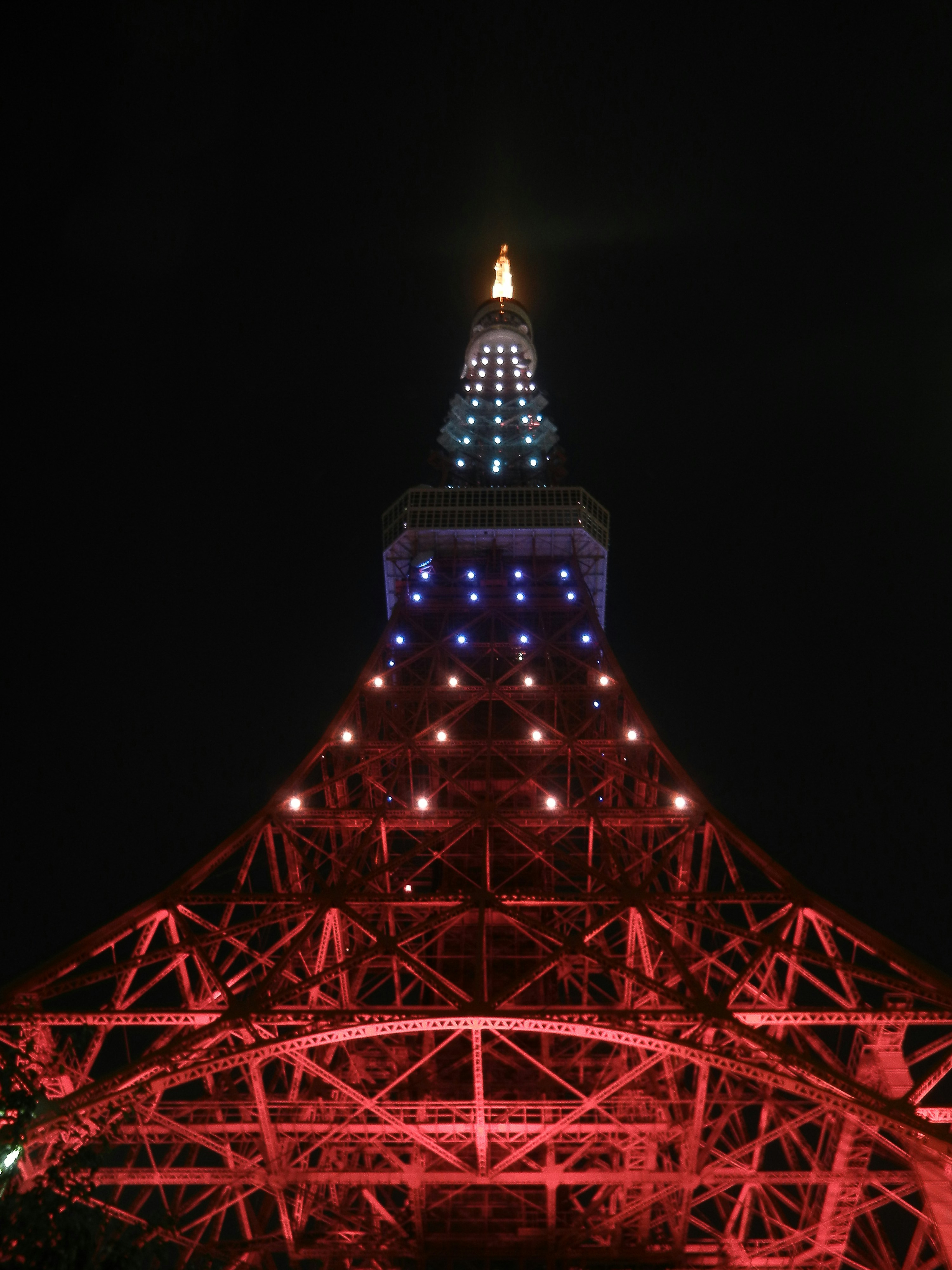 Night photograph of Tokyo Tower lit with a red lattice base and blue-white upper lights against a dark sky.